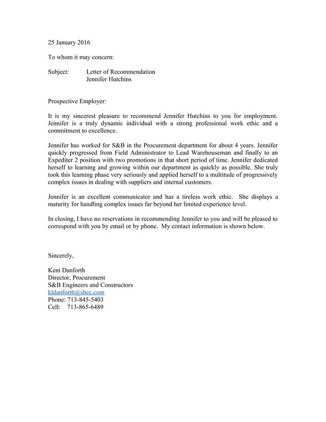 Jennifer Hutchins Recommendation letter | PDF