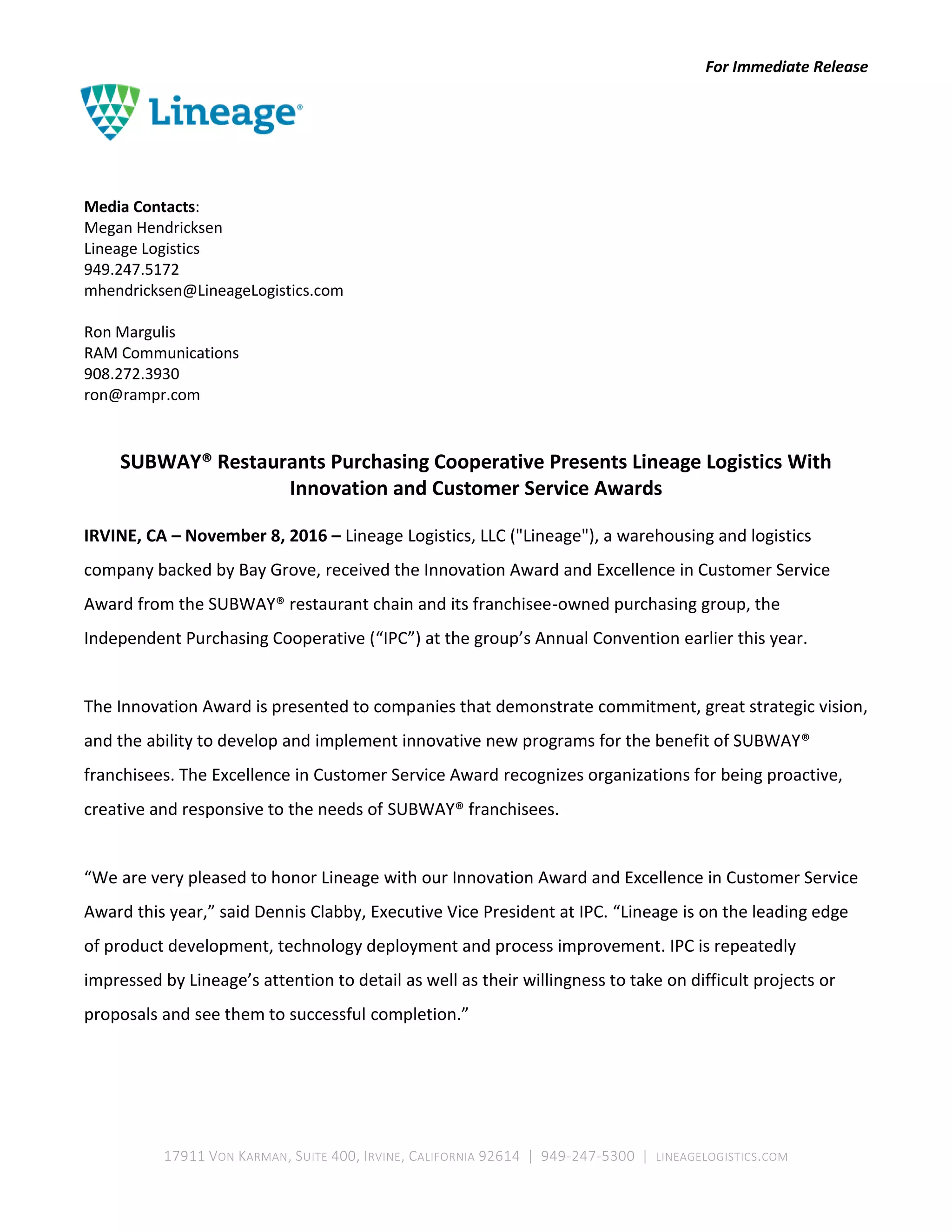 Lineage Press Release_Subway awards vf | PDF