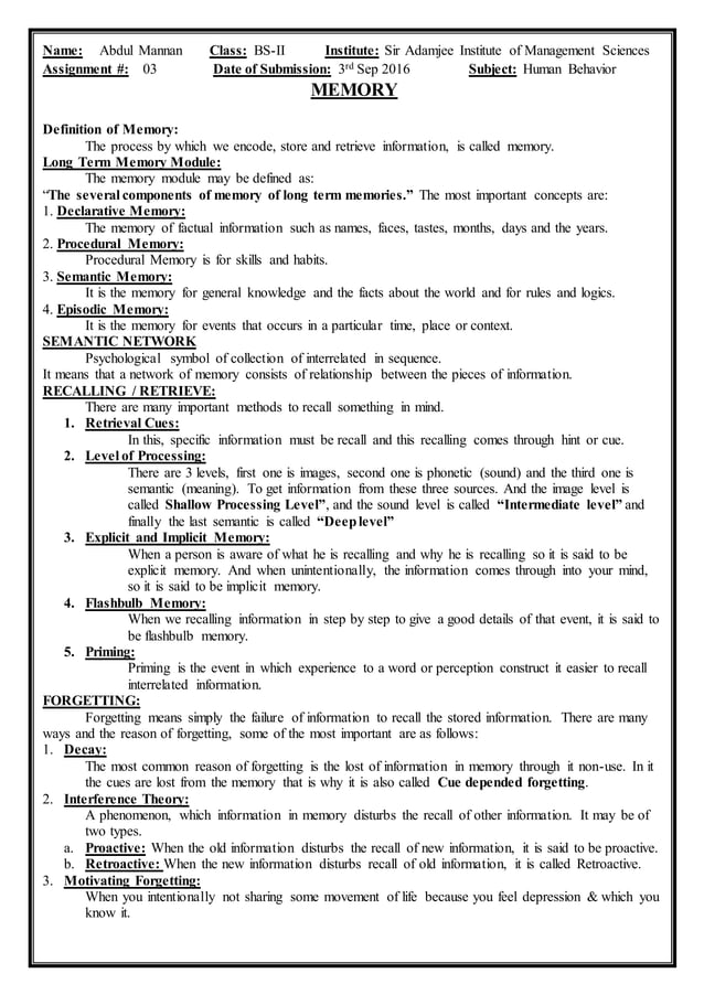 Chapter 4 Memory | DOCX | Brain and Nervous System Disorders | Diseases and Conditions