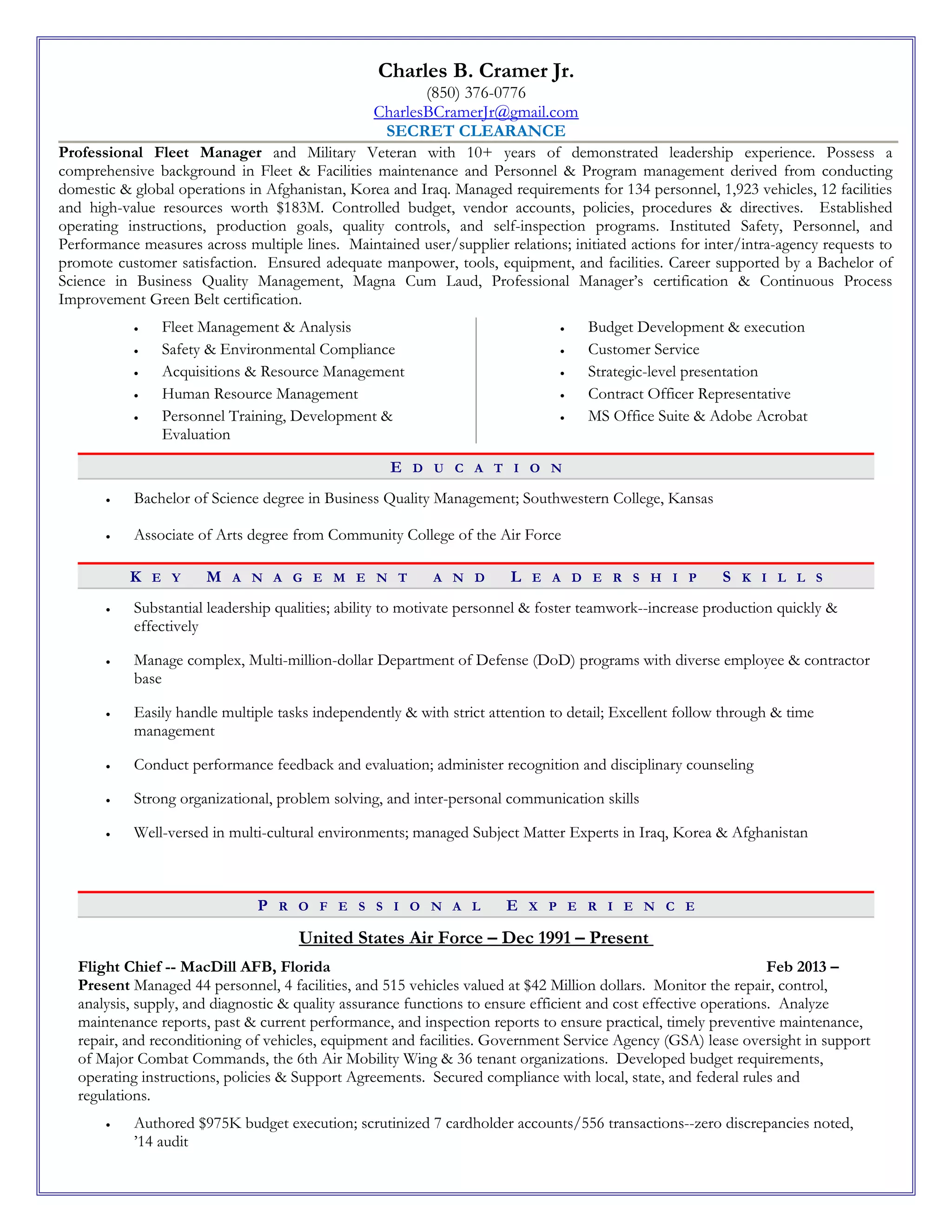 Charles Cramer Professional Fleet Manager Resume_10 Jan 16 | DOC