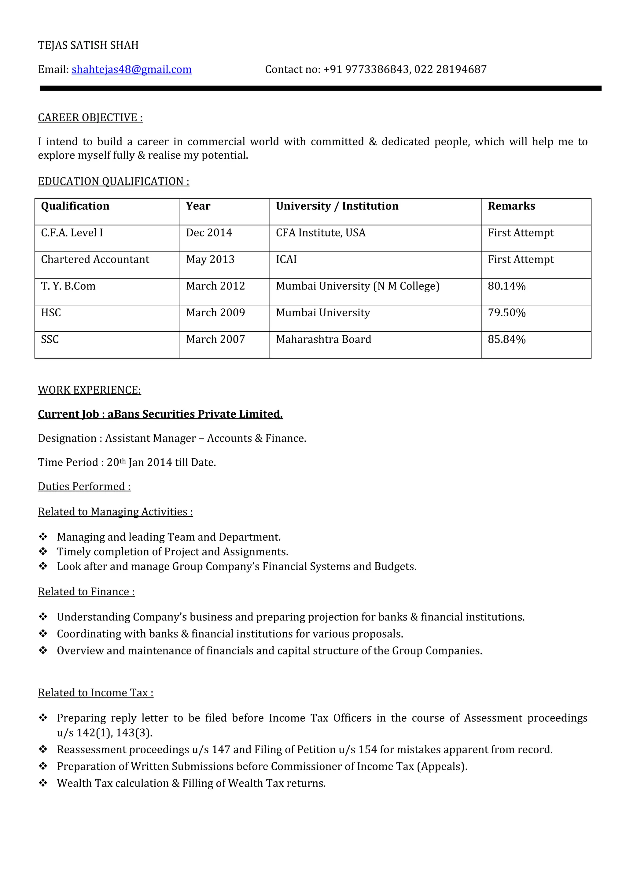CV OF CA TEJAS SATISH SHAH | PDF