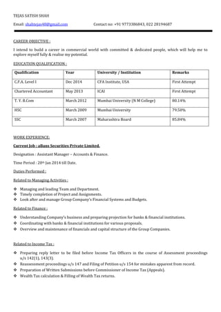 CV OF CA TEJAS SATISH SHAH | PDF