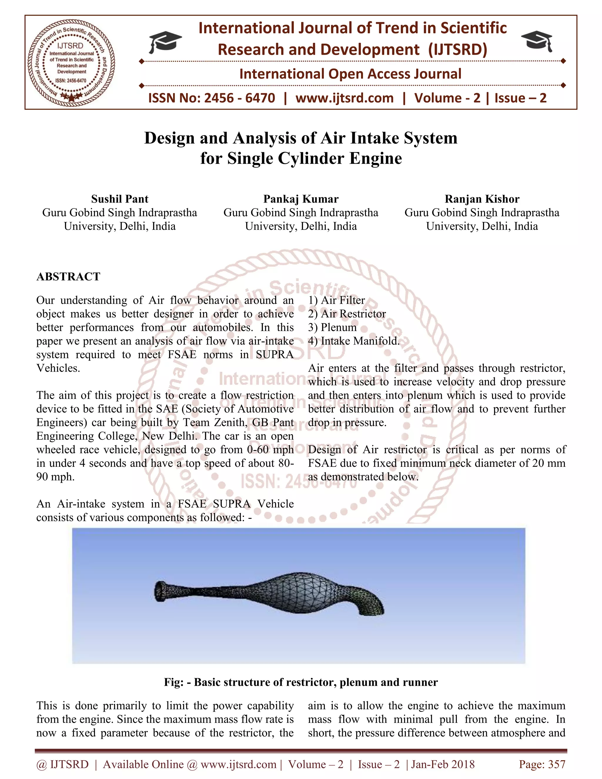 Design and Analysis of Air Intake System for Single Cylinder Engine | PDF