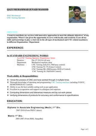cv cnc operator(qazi junaid) (1) | DOC