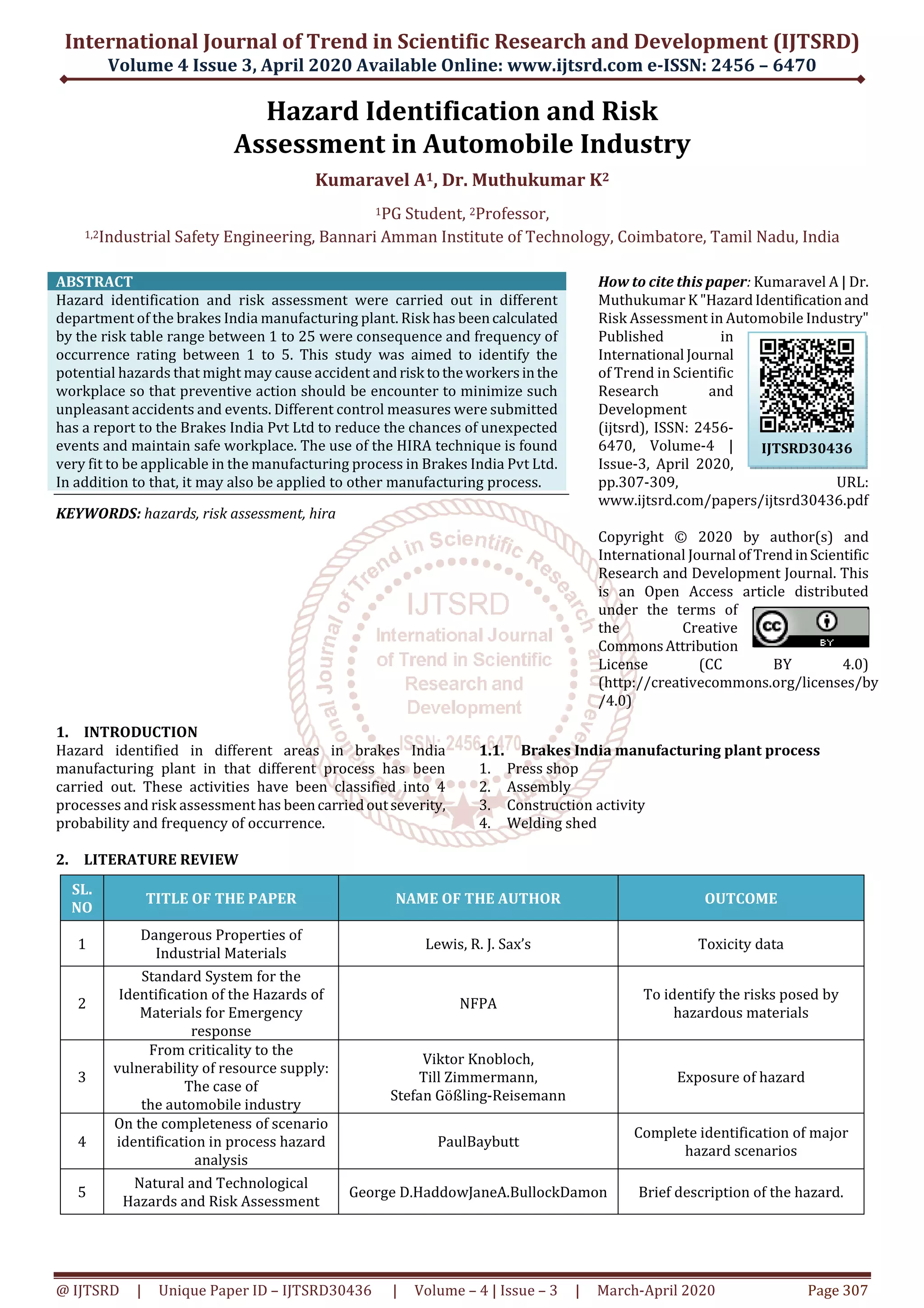 Hazard Identification and Risk Assessment in Automobile Industry | PDF