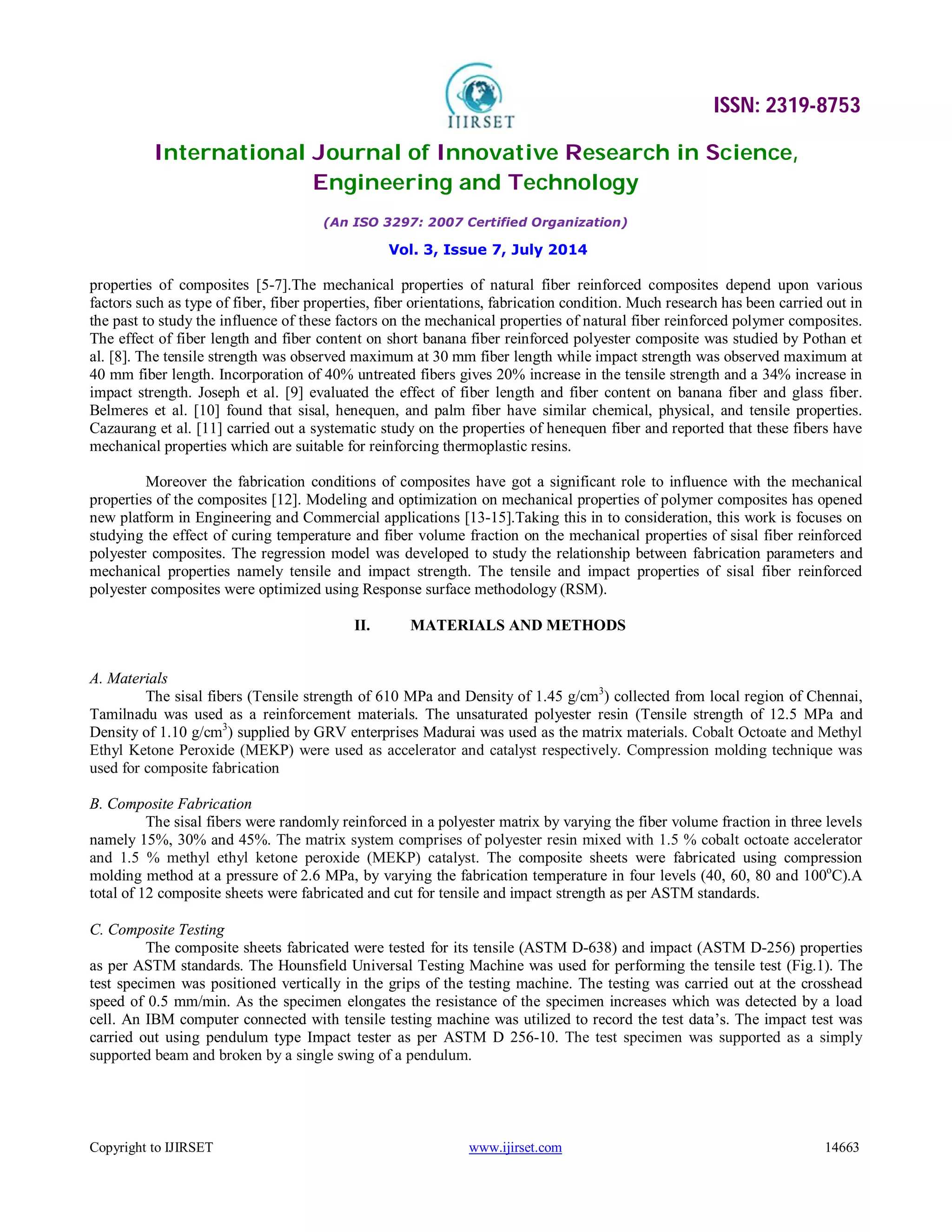 Influence of Curing Temperature and Fiber Volume Fraction on the Mechanical Properties of Sisal ...