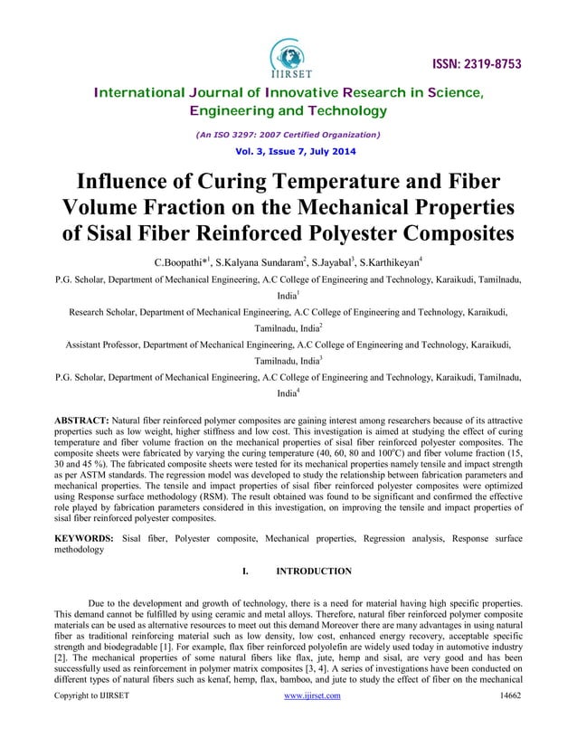Influence of Curing Temperature and Fiber Volume Fraction on the Mechanical Properties of Sisal ...