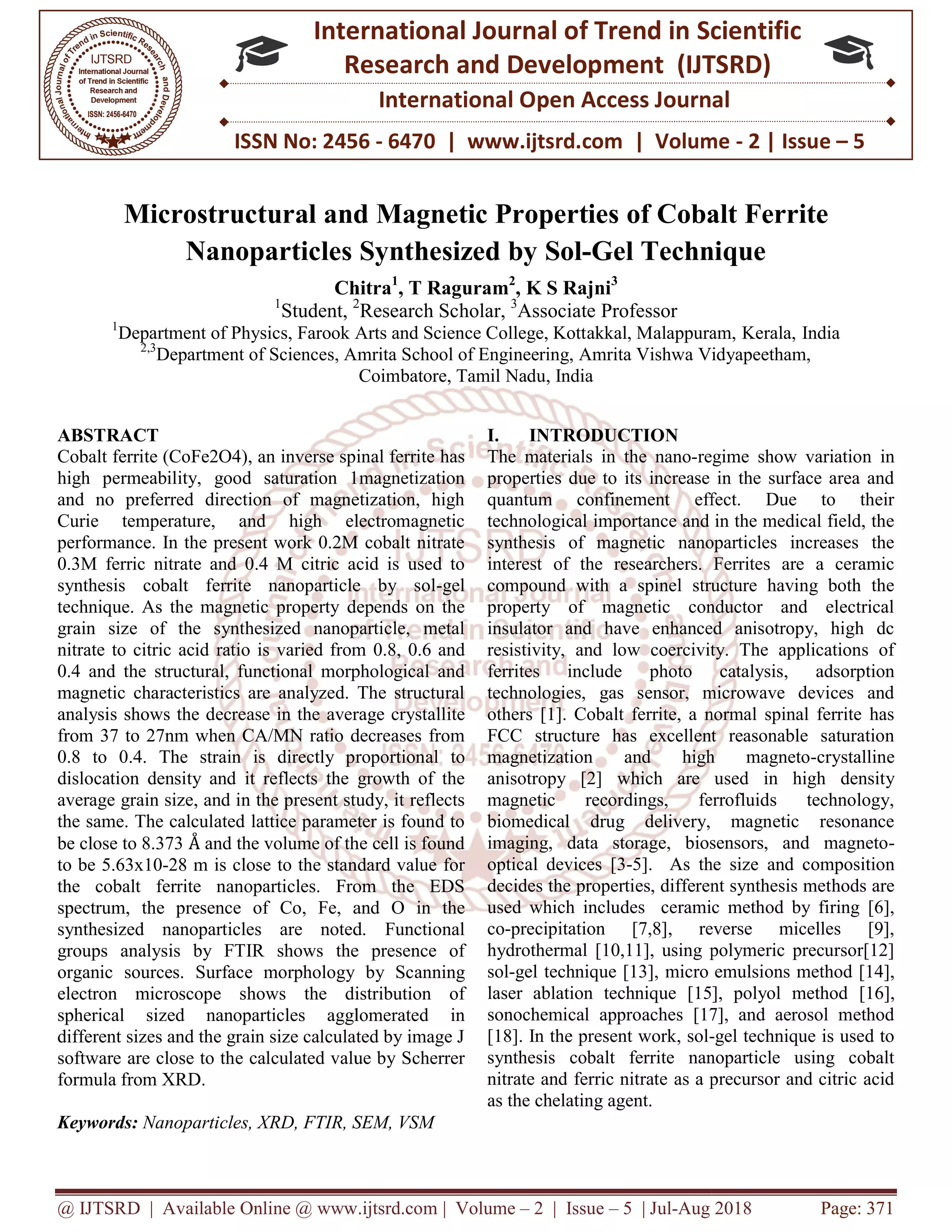 Microstructural and Magnetic Properties of Cobalt Ferrite Nanoparticles Synthesized by Sol-Gel ...