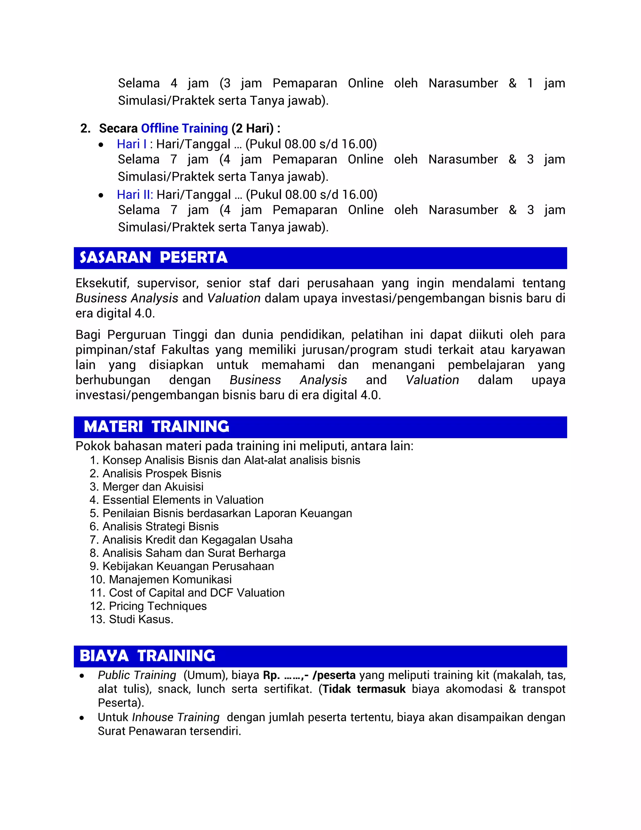 Silabus Training "Effective BUSINESS ANALYSIS & VALUATION" di Era DIGITAL 4.0 | PDF