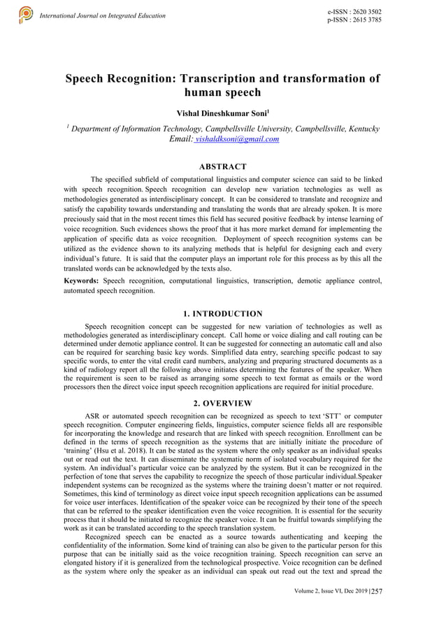 Speech Recognition: Transcription and transformation of human speech | PDF