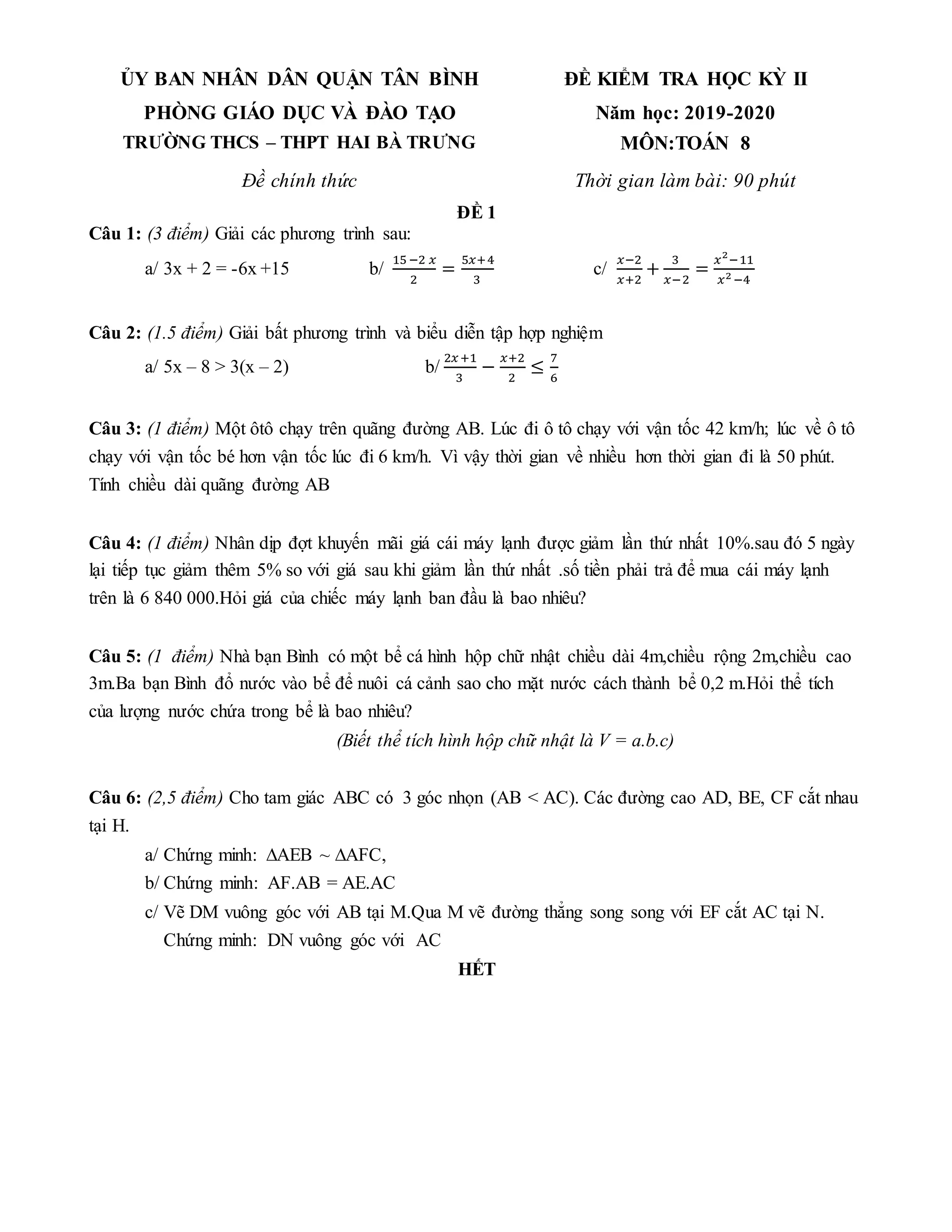 Đề Thi HK2 Toán 8 - THCS - THPT Hai Bà Trưng | PDF