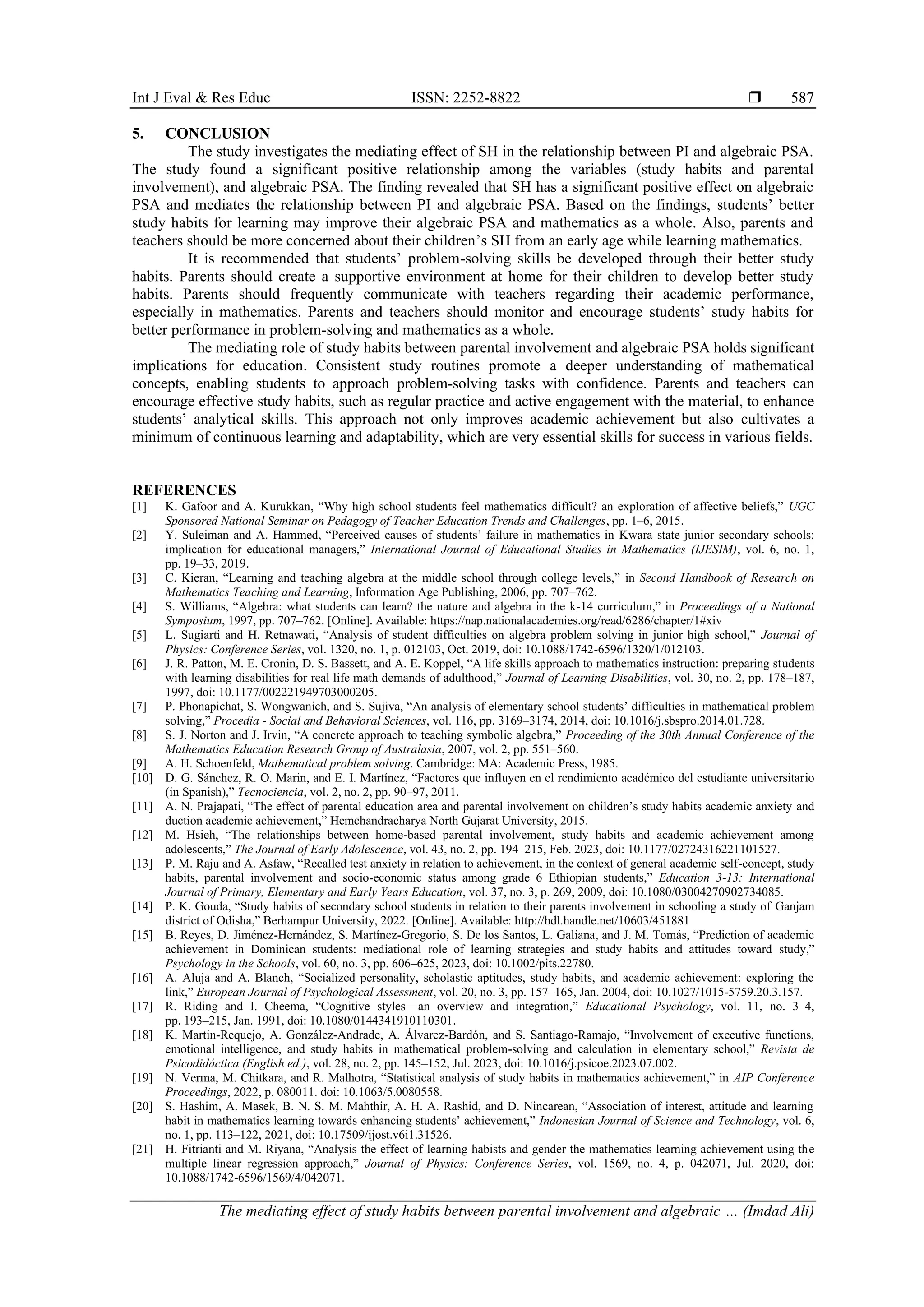 The mediating effect of study habits between parental involvement and ...