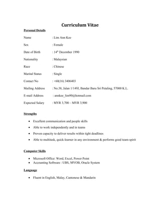 Curriculum Vitae - Lim Ann Kee | PDF