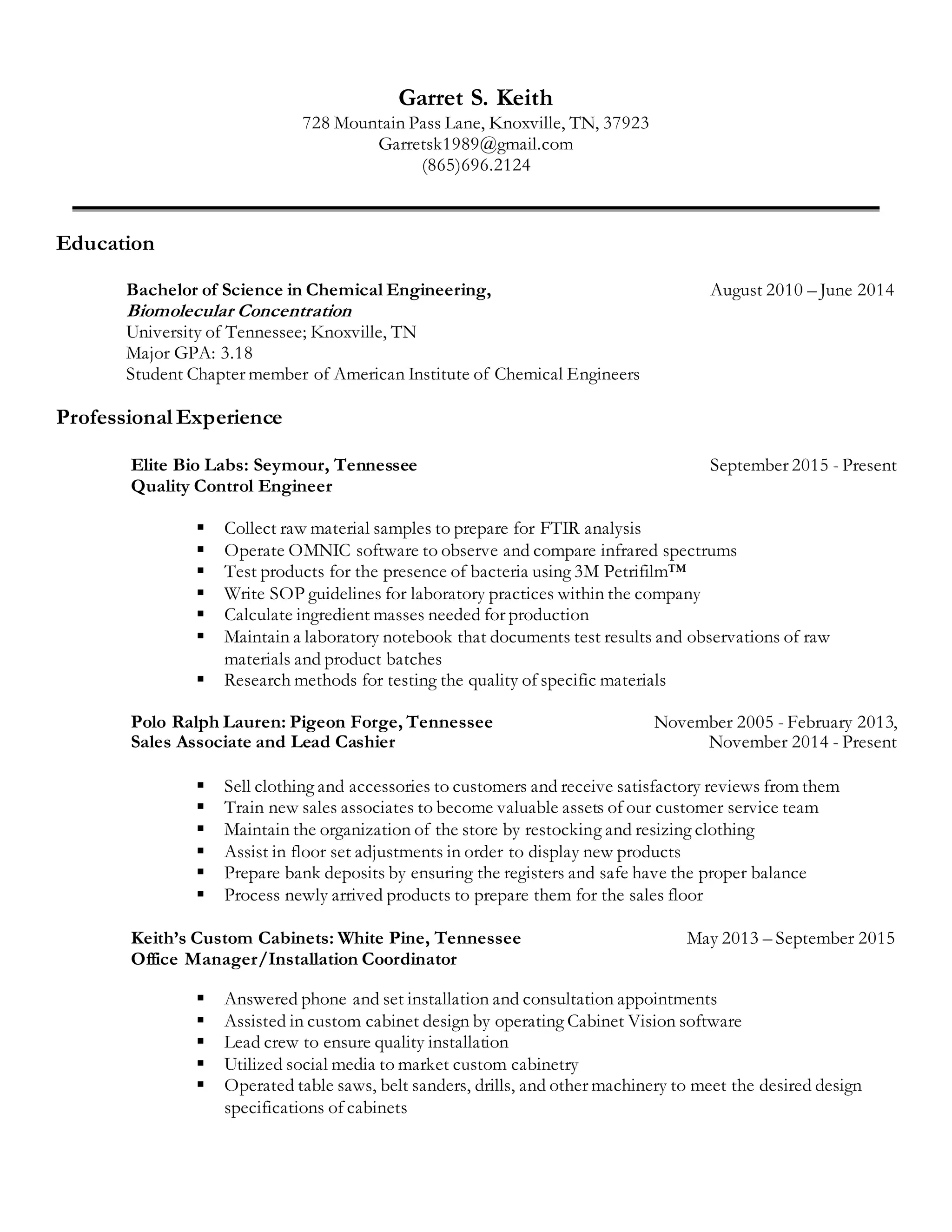Garret Keith Resume | DOCX | Chemistry | Science