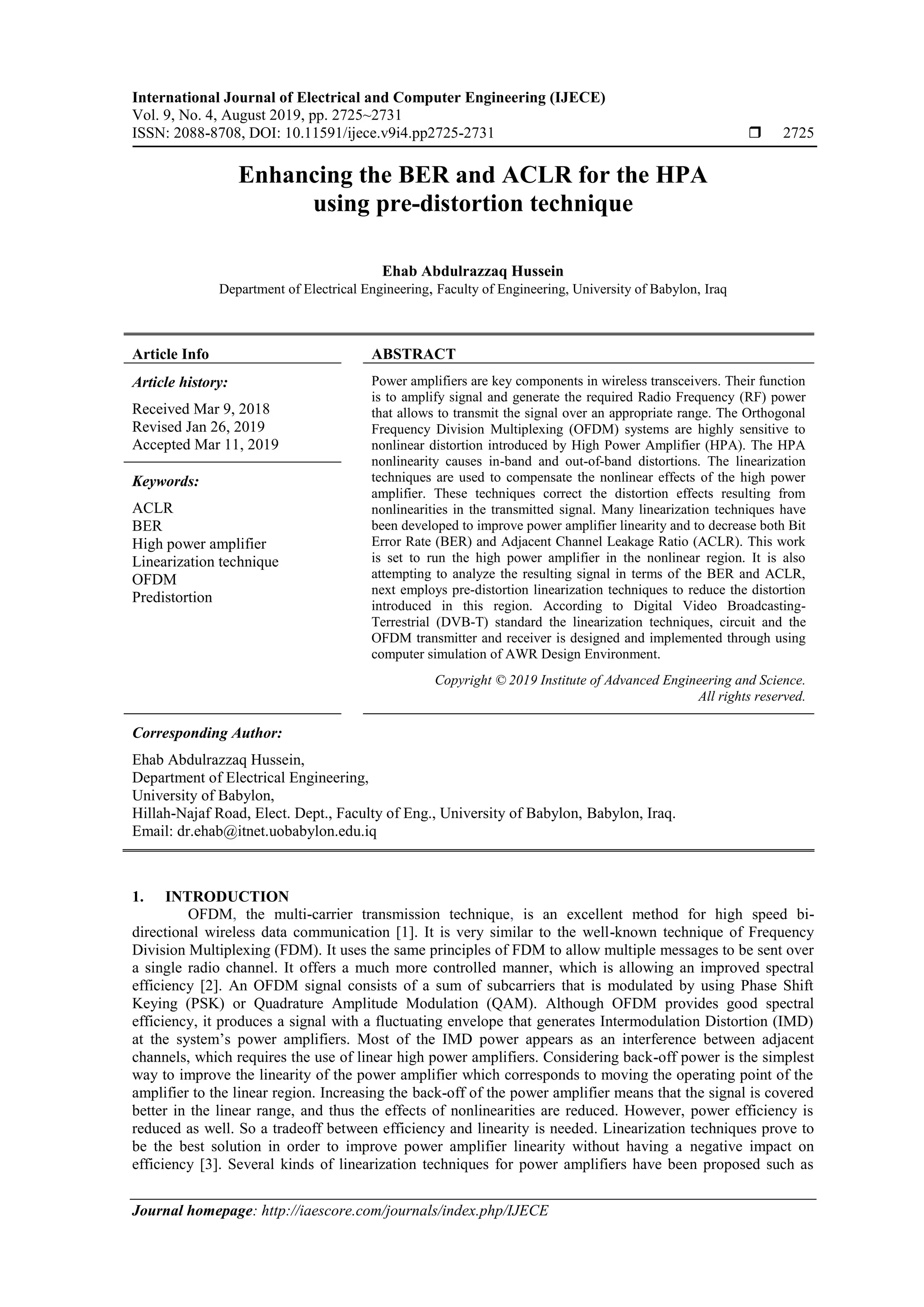 Enhancing the BER and ACLR for the HPA Using Pre-Distortion Technique | PDF