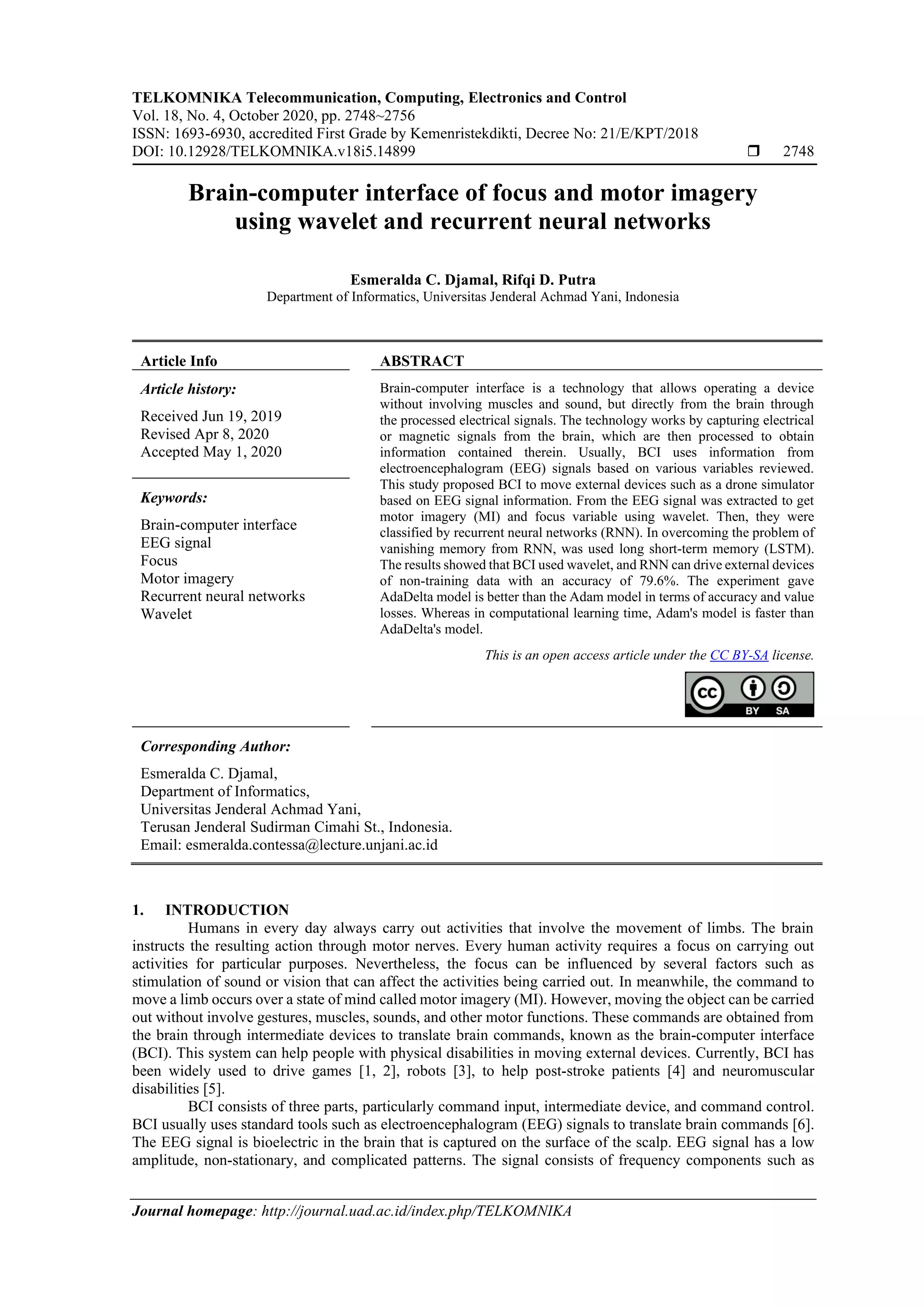 Brain Computer Interface Of Focus And Motor Imagery Using Wavelet And Recurrent Neural Networks