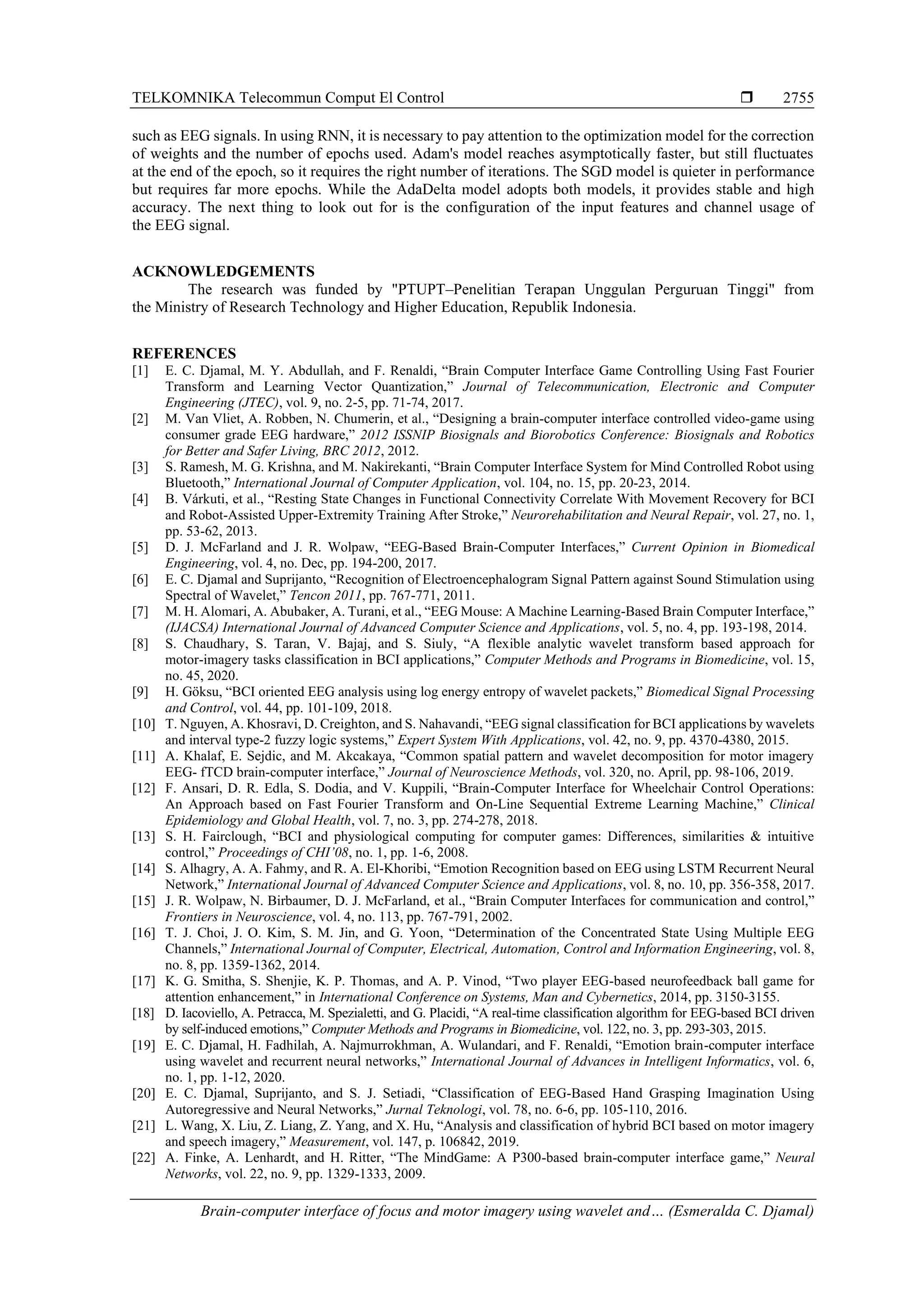 Brain Computer Interface Of Focus And Motor Imagery Using Wavelet And Recurrent Neural Networks