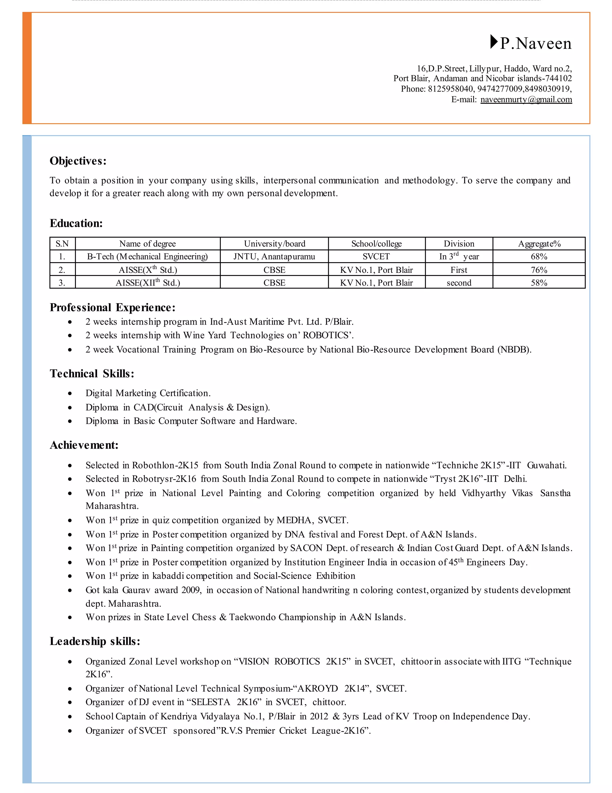naveen resume | DOCX | Robotics | Technology & Computing