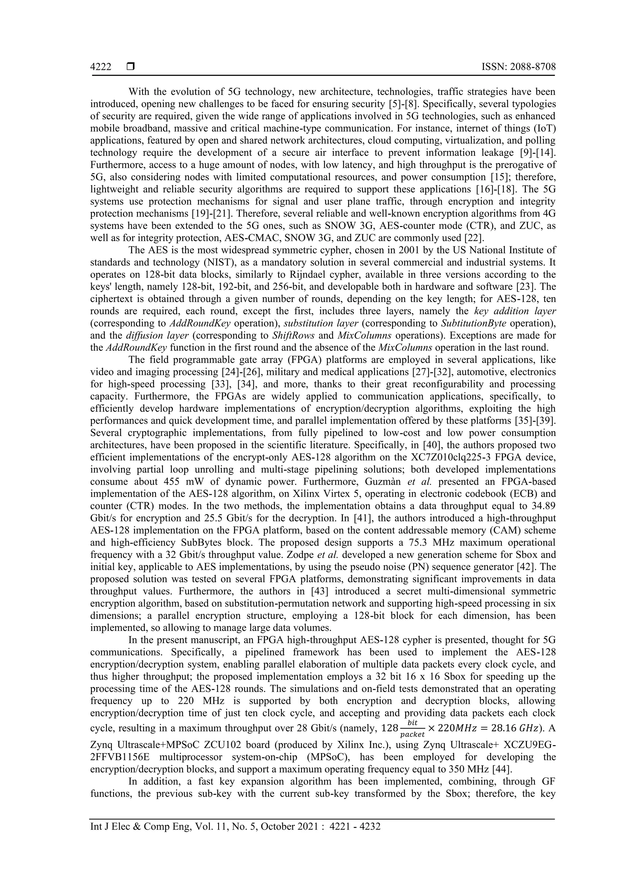 High Performance Aes 128 Algorithm Implementation By Fpga Based Soc For 5g Communications Pdf