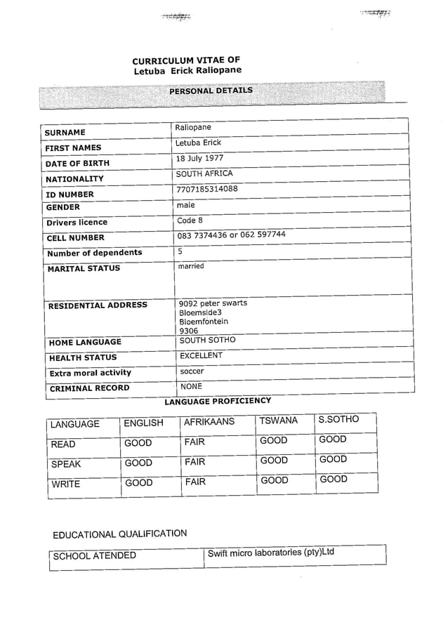 Letuba Erick Raliopane's cv | PDF