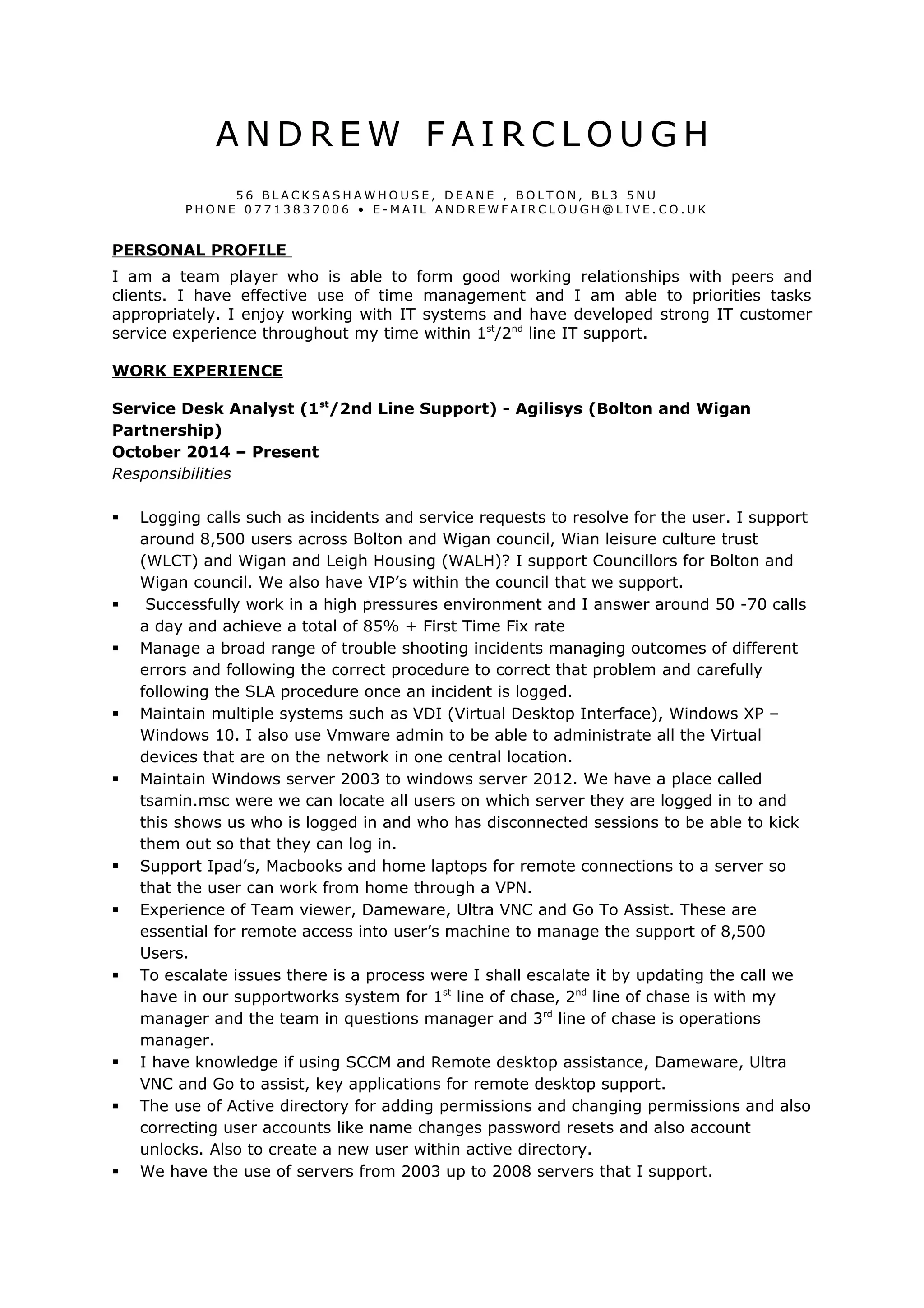 Andrew Fairclough - CV new | DOC | IT and Internet Support | Internet