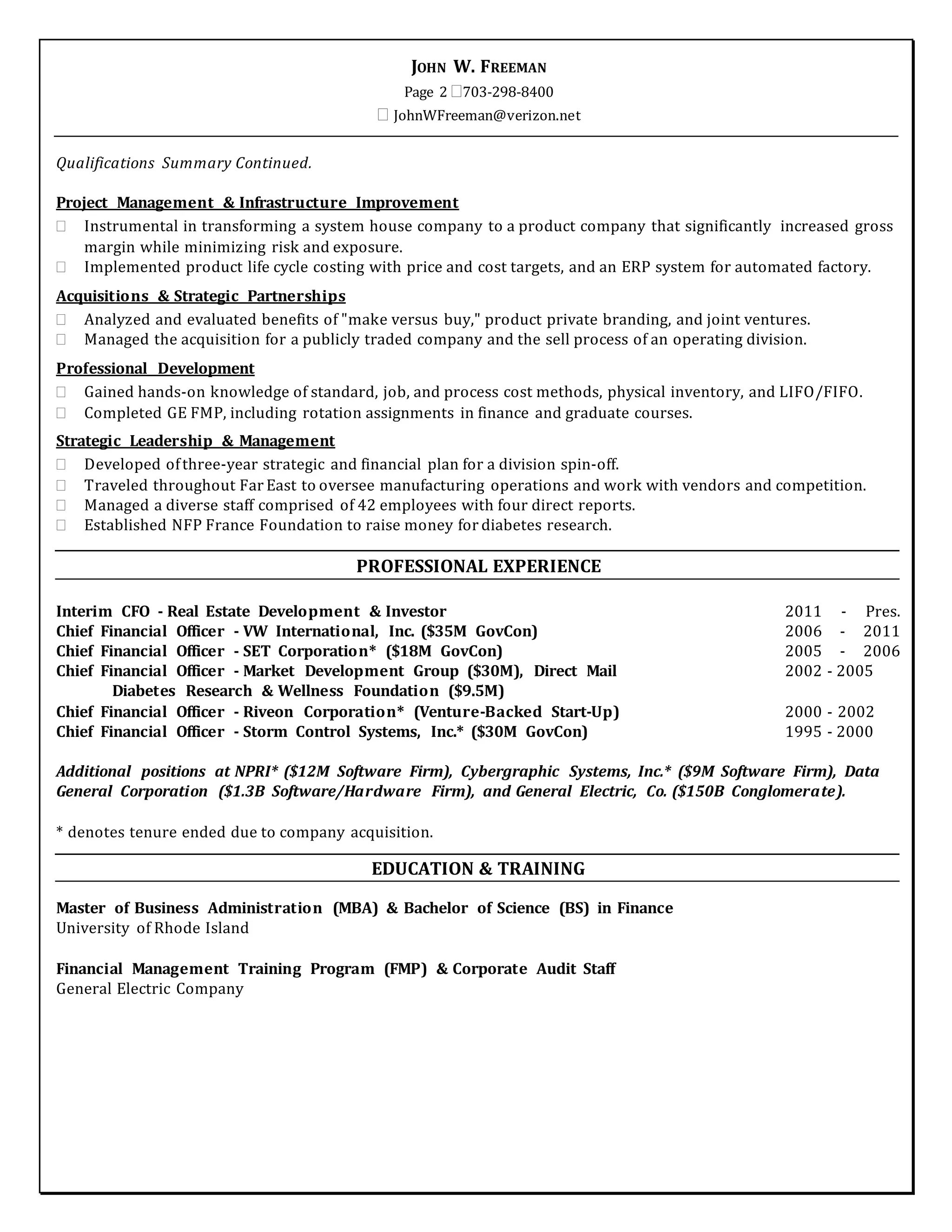 JohnWFreeman Resume | DOCX | Business Administration | Business