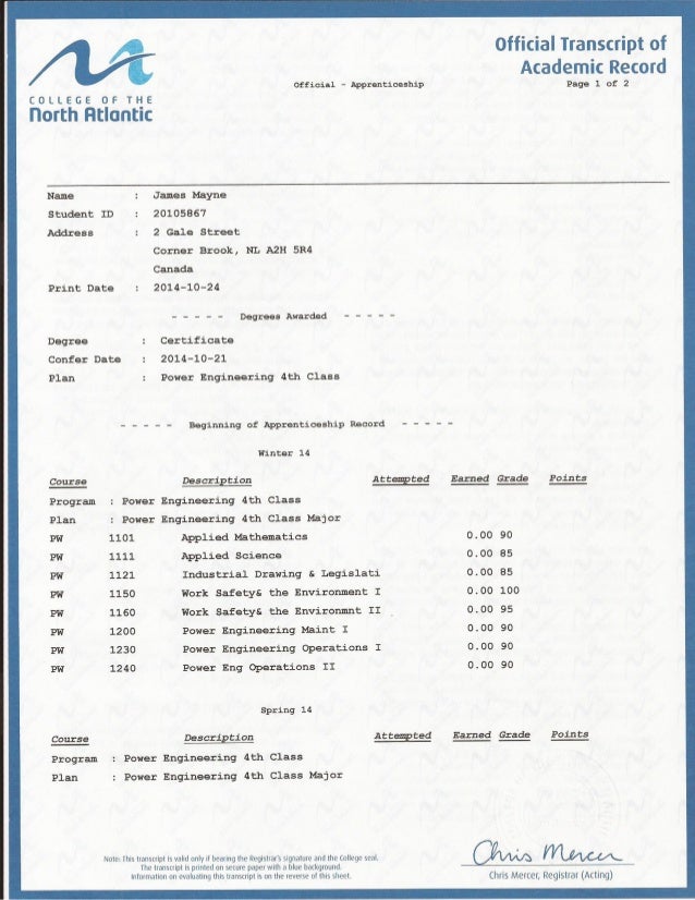 transcript College of the North Atlantic