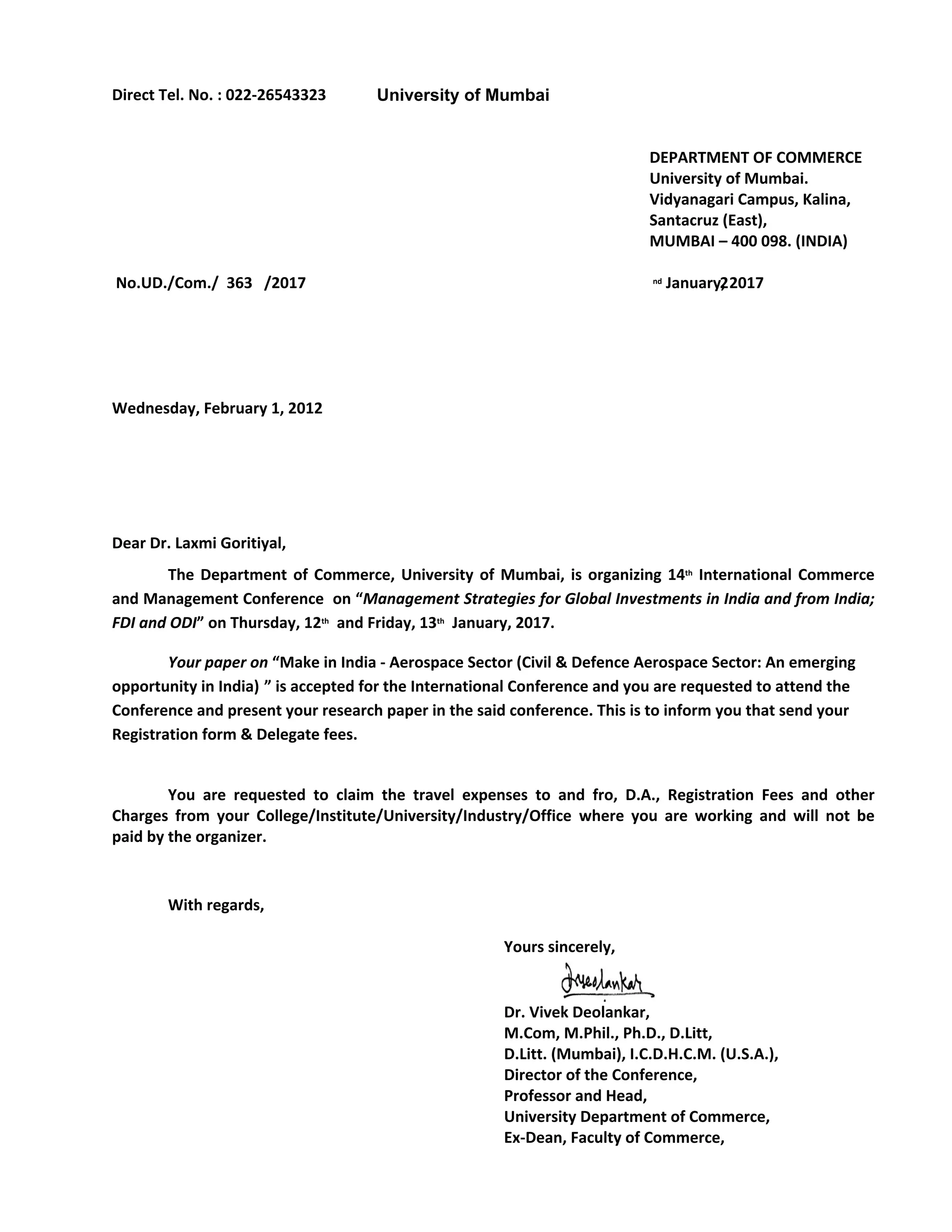 Acceptance of research Paper by Mumbai University- Make In India ...