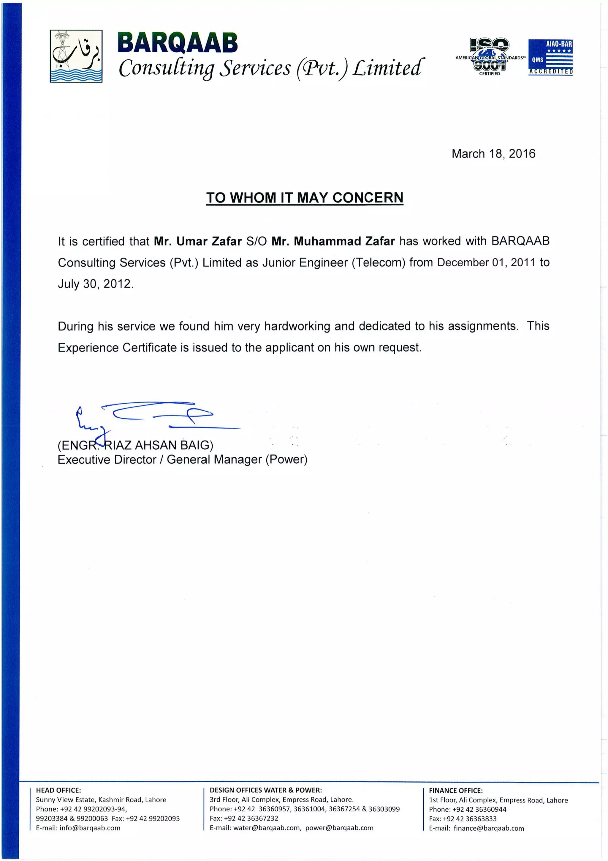 Barqaab Experience Letter | PDF