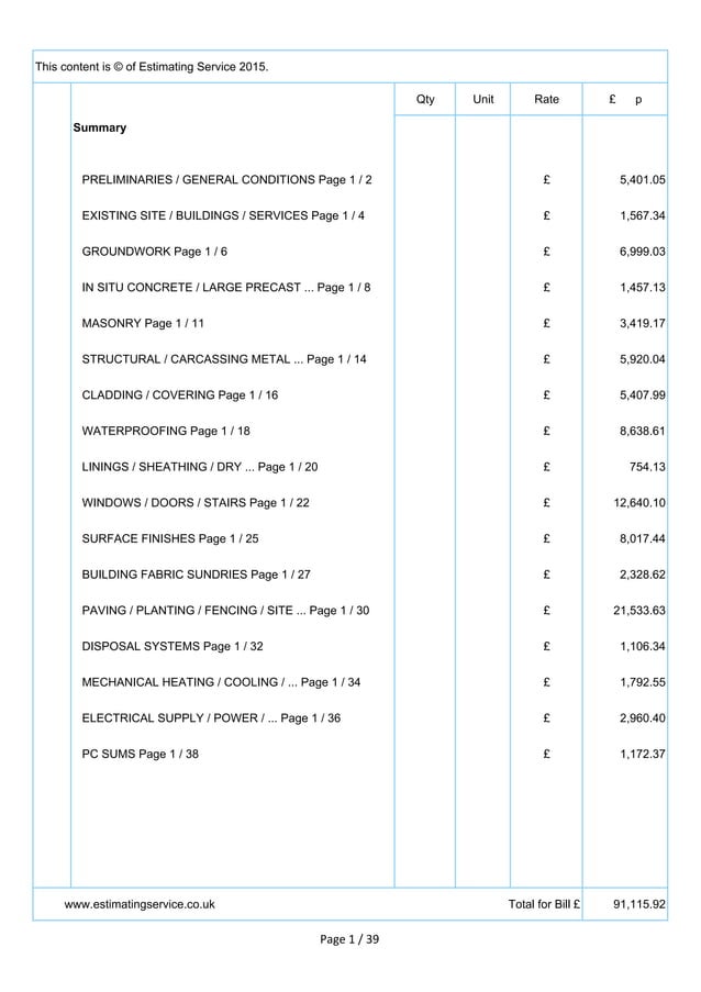 SMM7 Bill of Quantities | PDF
