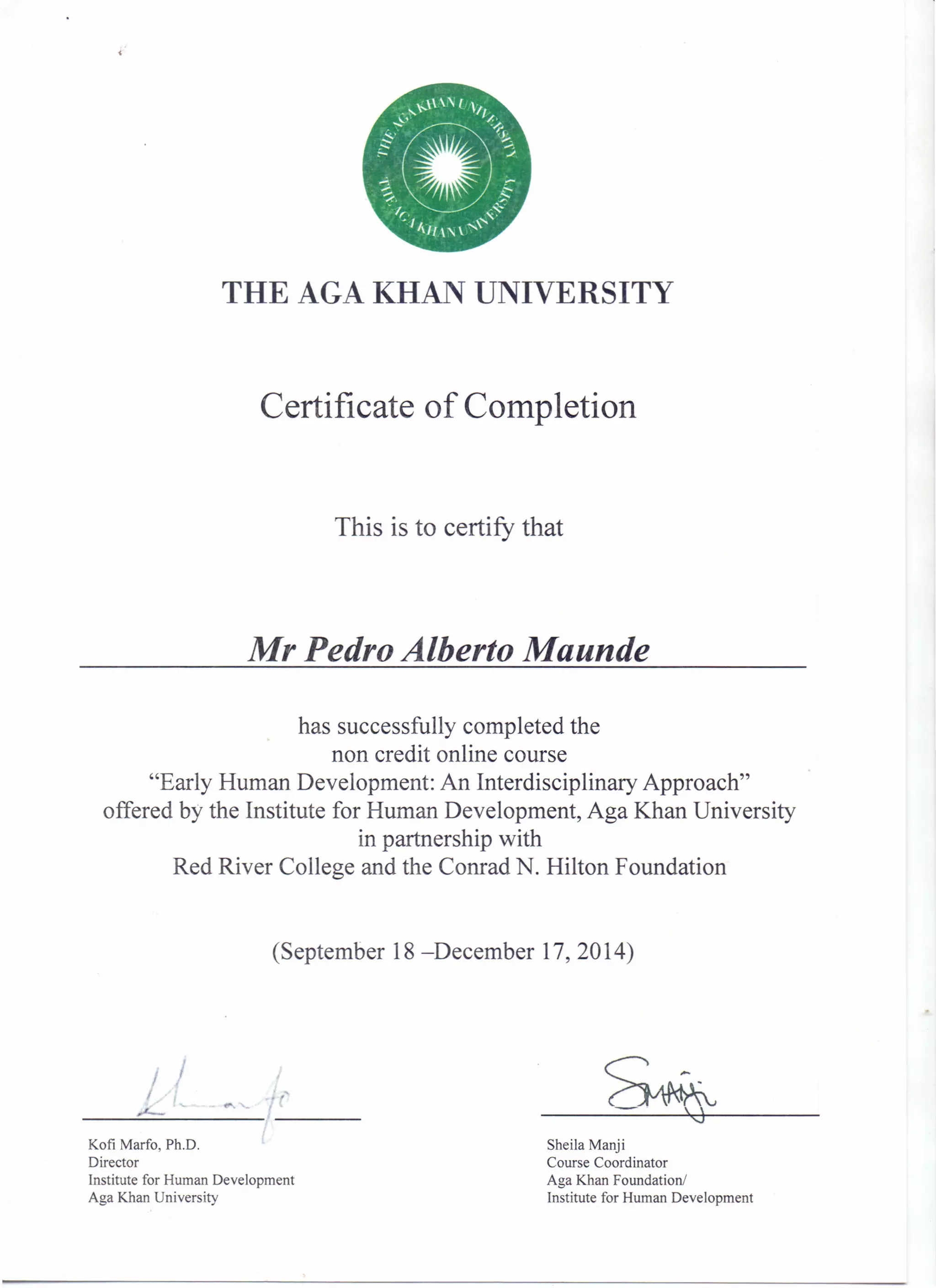 Certificate of Completion - Aga Khan University_Pedro Maunde | PDF