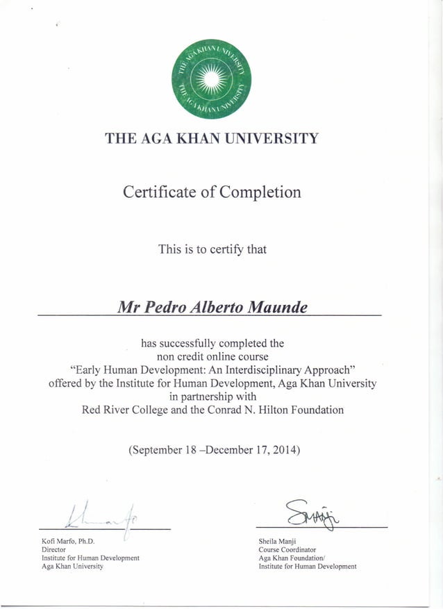 Certificate of Completion - Aga Khan University_Pedro Maunde | PDF