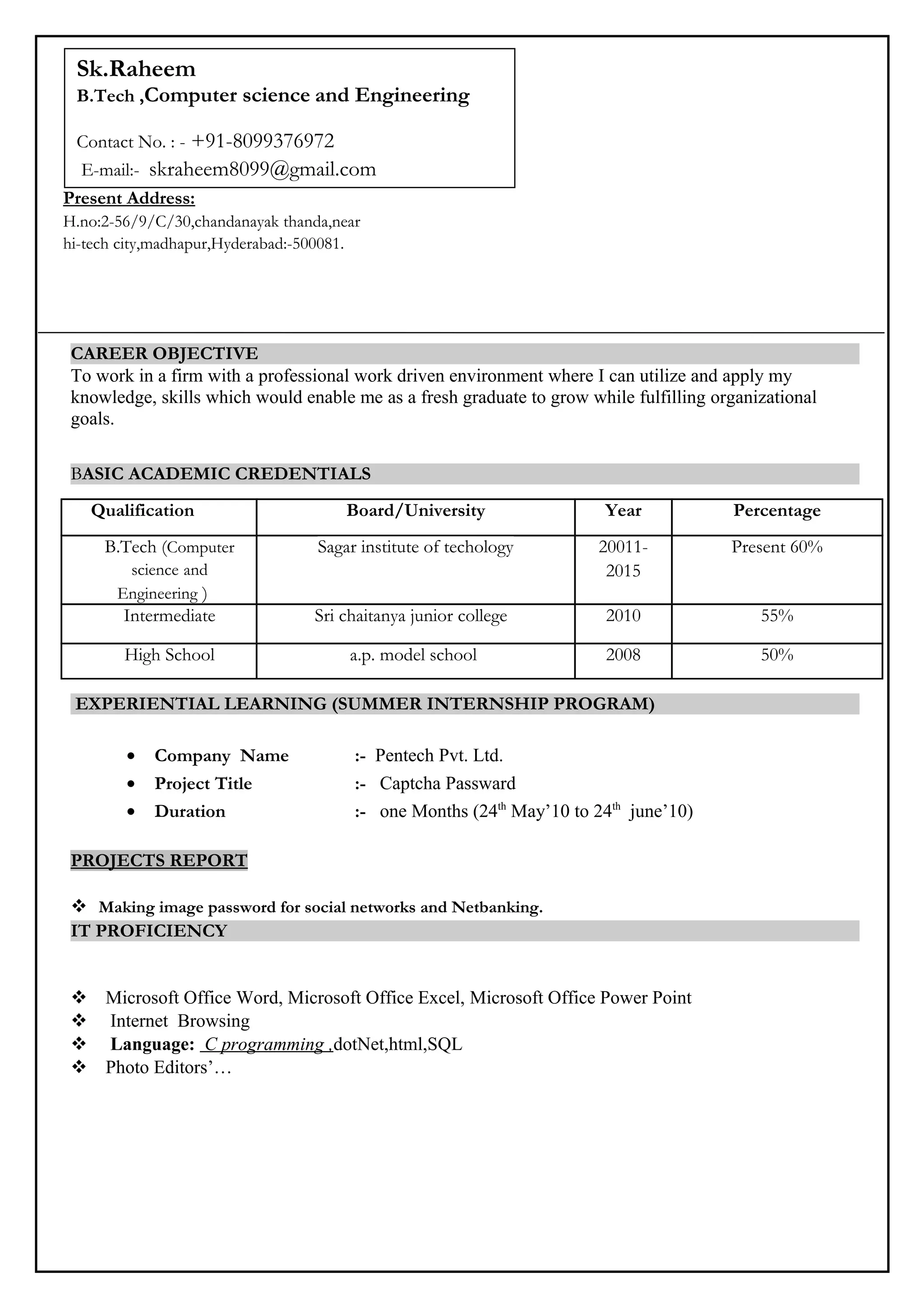 Sk Raheem(B.tech Resume) | DOC | Careers