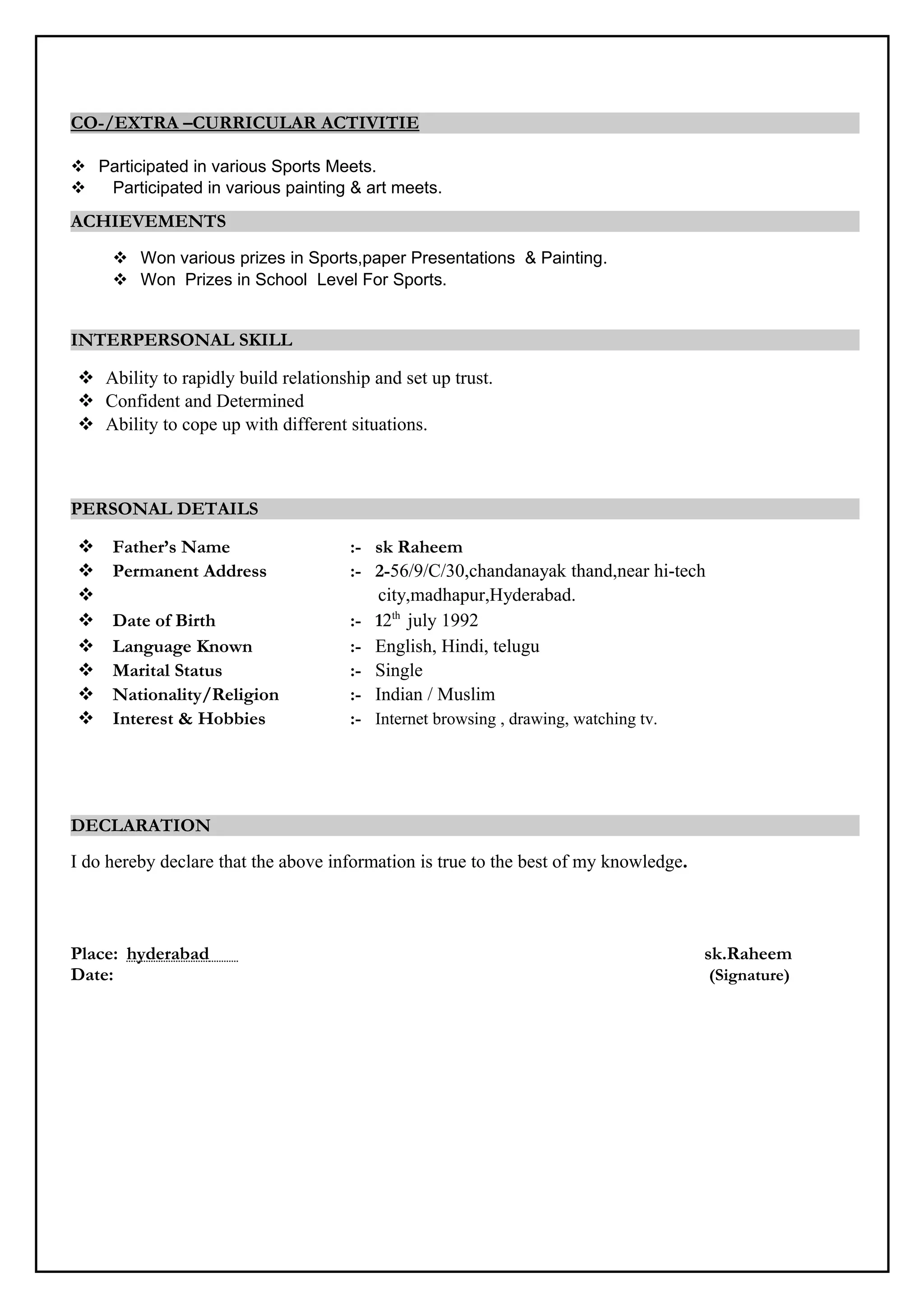 Sk Raheem(B.tech Resume) | DOC | Careers