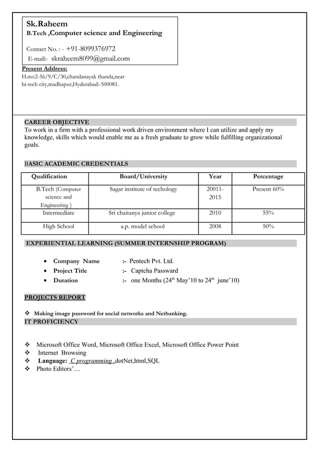 Sk Raheem(B.tech Resume) | DOC | Careers