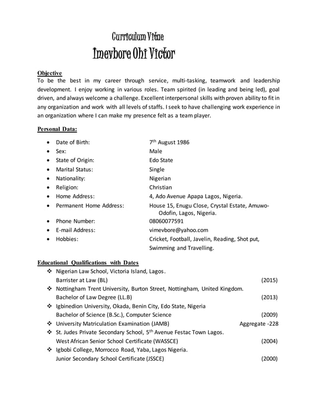 Imevbore Ohi Victor Original CV | DOCX | Secondary Education | Education