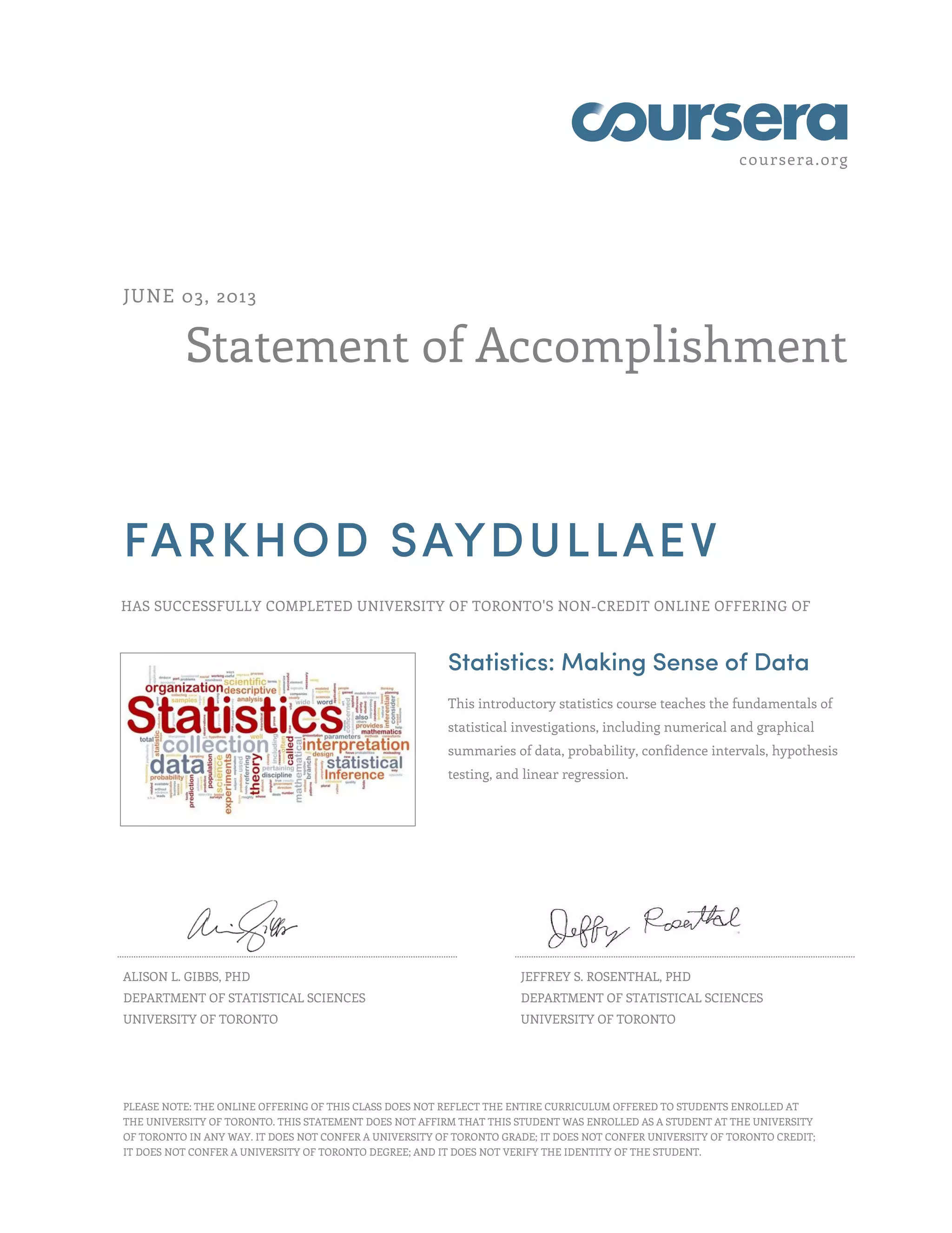 Statistics Course Certificate_ FS | PDF