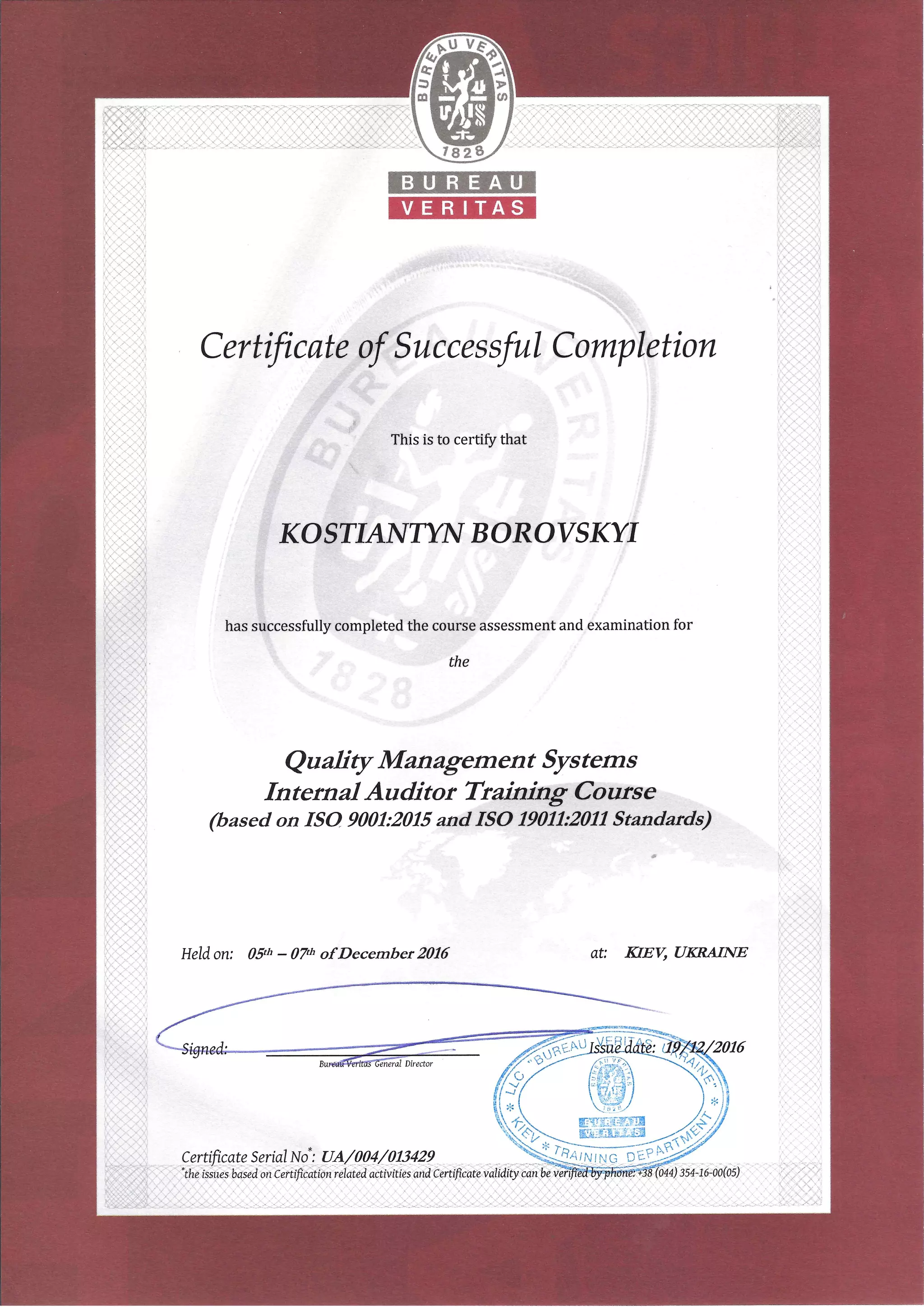 QMS Internal Auditor Certificate -- Borovsky | PDF