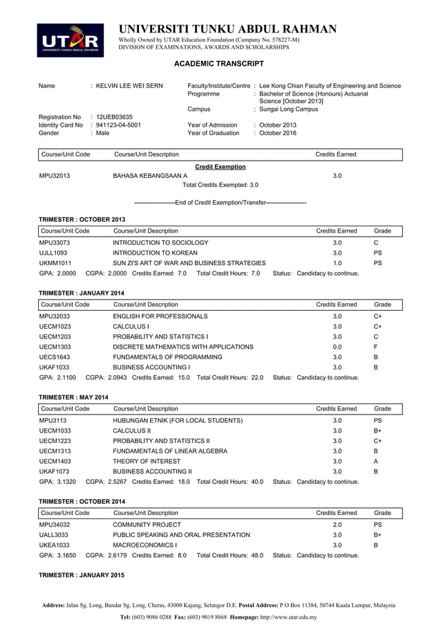 academicTranscript_1203635 | PDF | Undergraduate Education | College ...