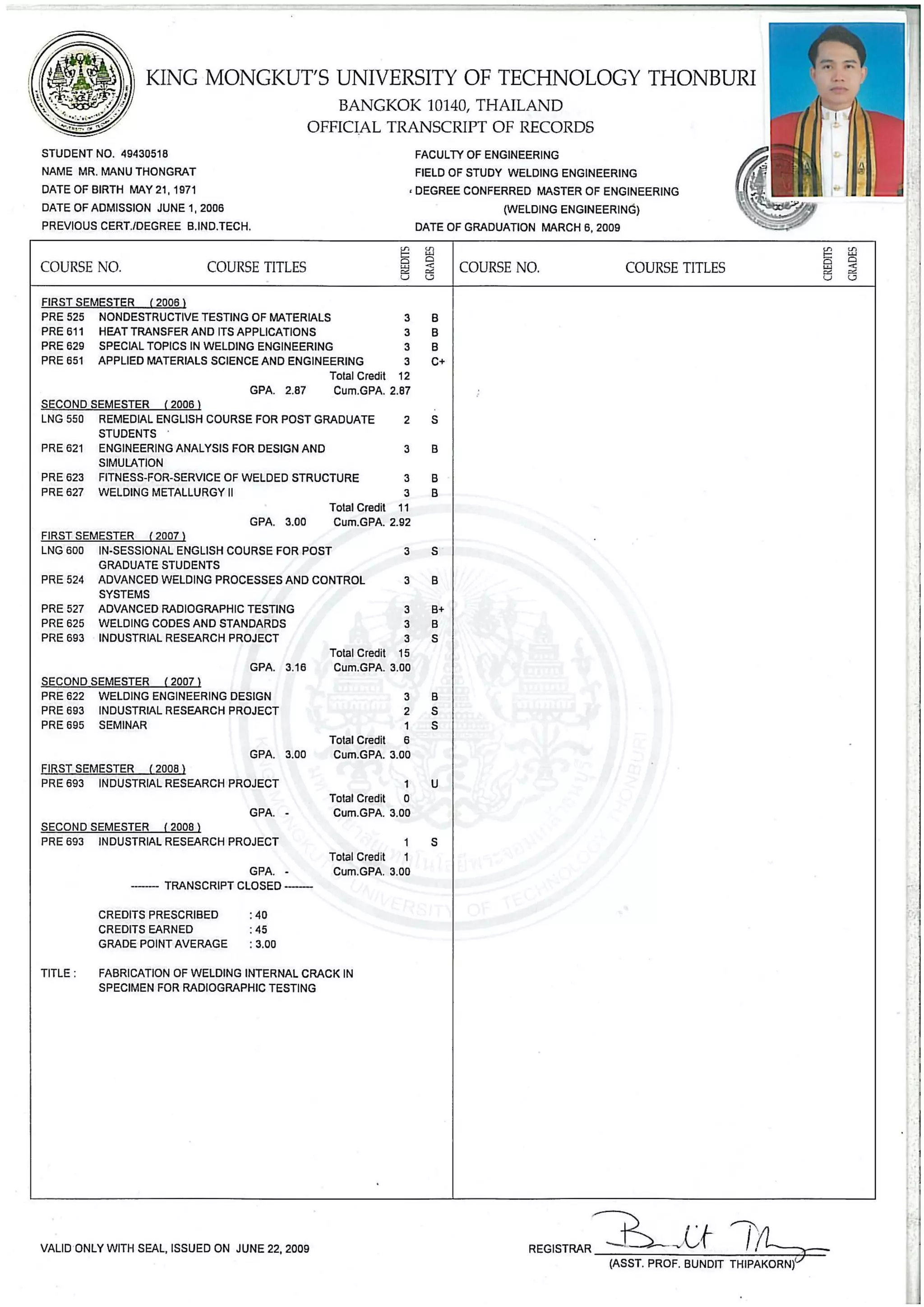 Manu - KMUTT transcript (Master degree) | PDF