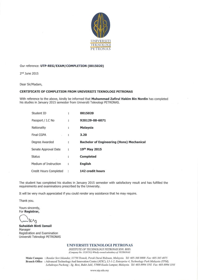 University study completion Letter | PDF