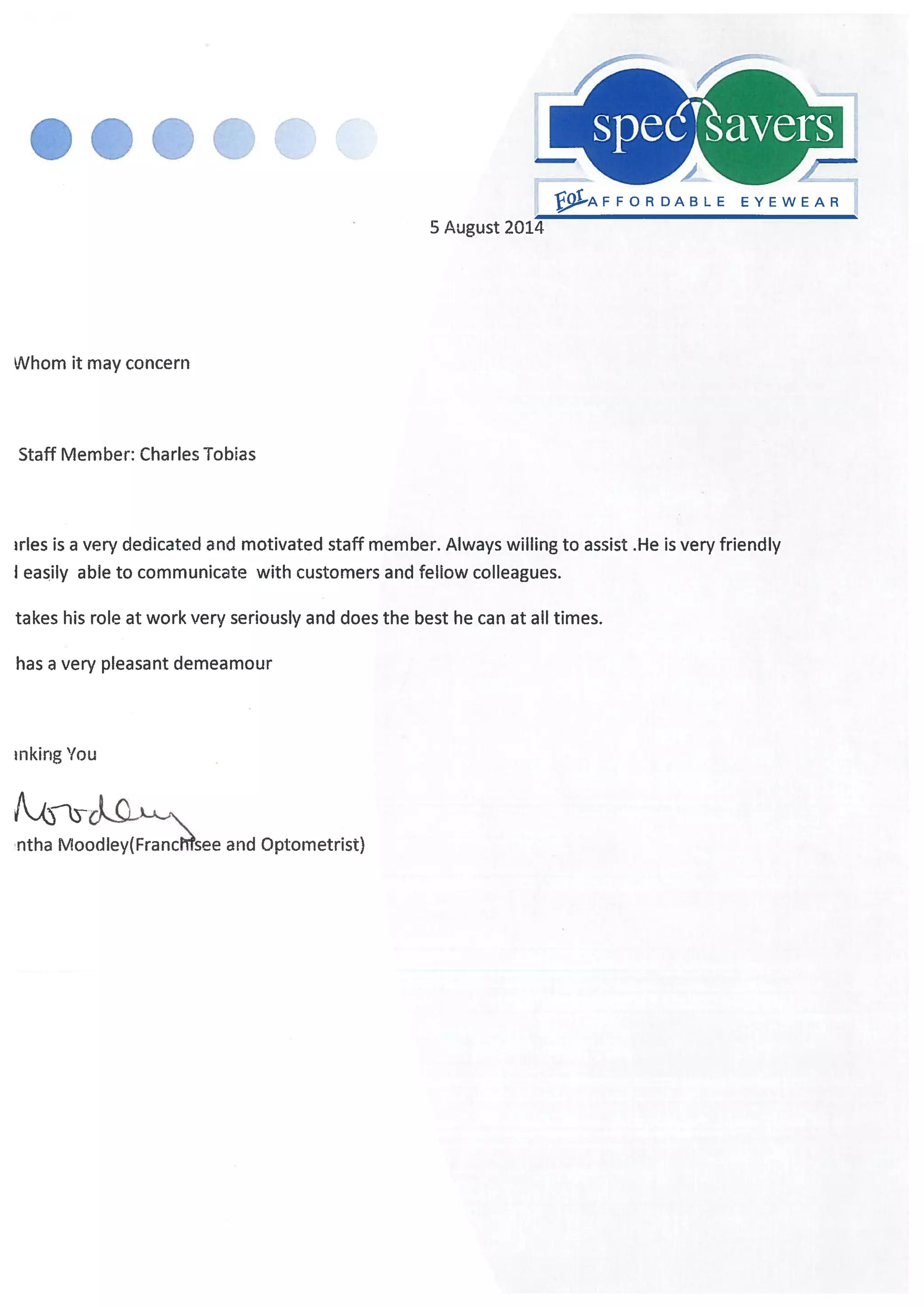 Spec Savers Reference Letter | PDF
