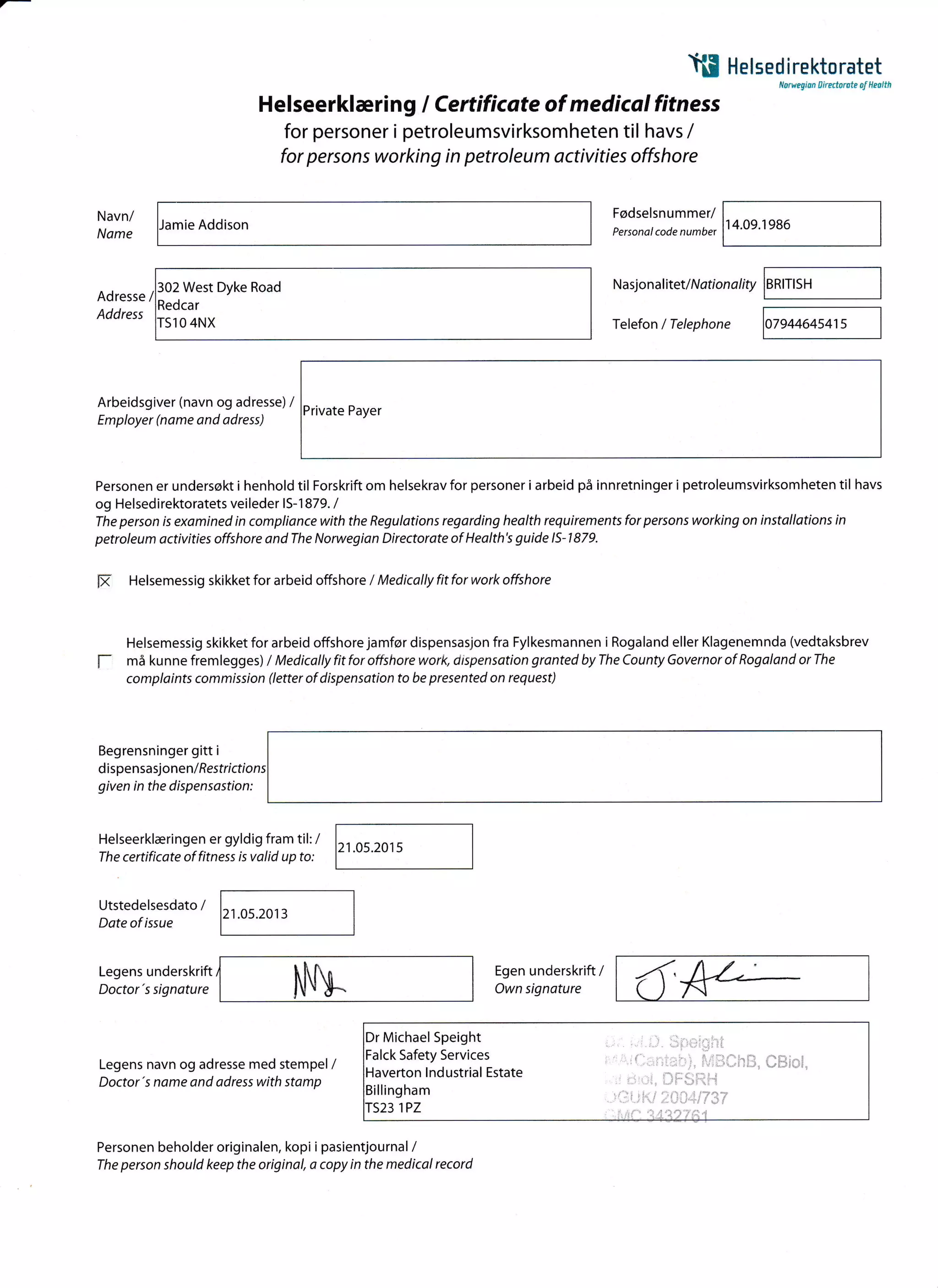 Helseerklaring I Certificate of medical fitness | PDF