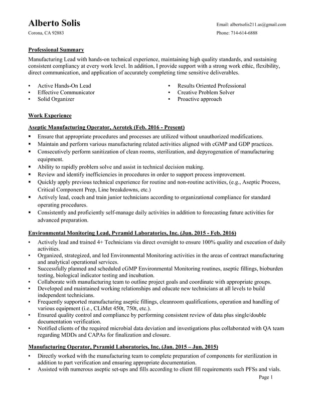 AlbertoSolisResume | PDF | Manufacturing Industry | Industries