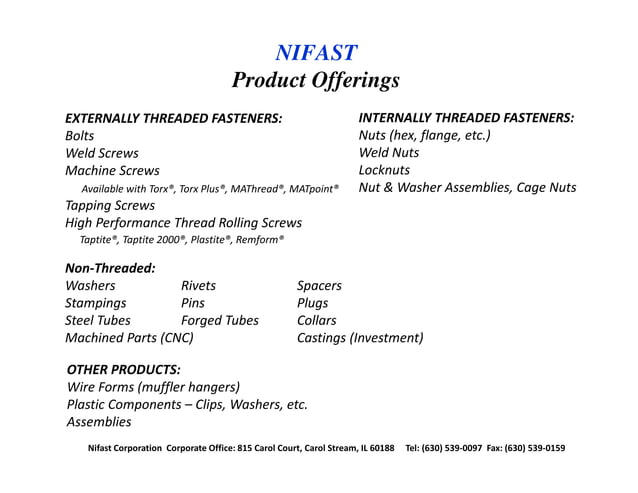Nifast Product Offerings | PDF