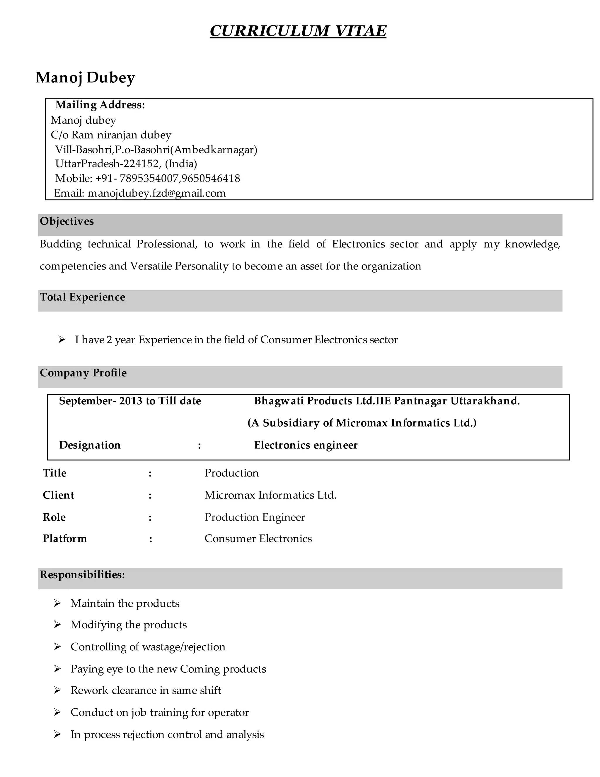 manoj dubey resume | DOCX