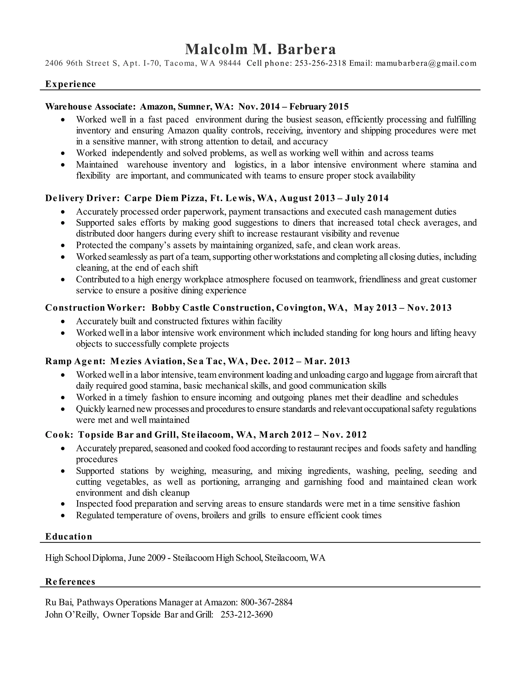 Resume Malcolm Barbera, 3-15 | DOCX | Logistics | Business