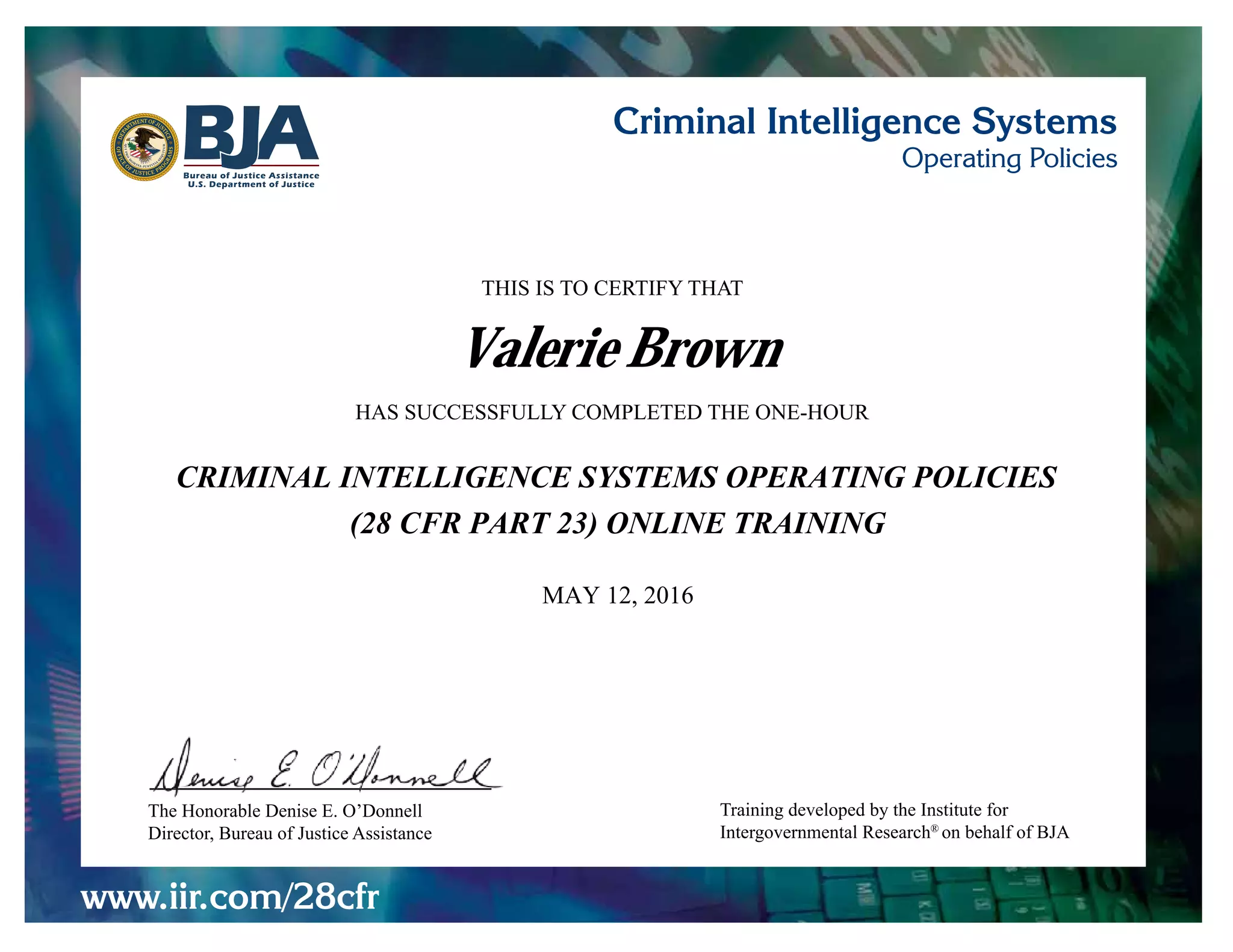 Valerie Brown 28 CFR Part 23 certificate | PPT