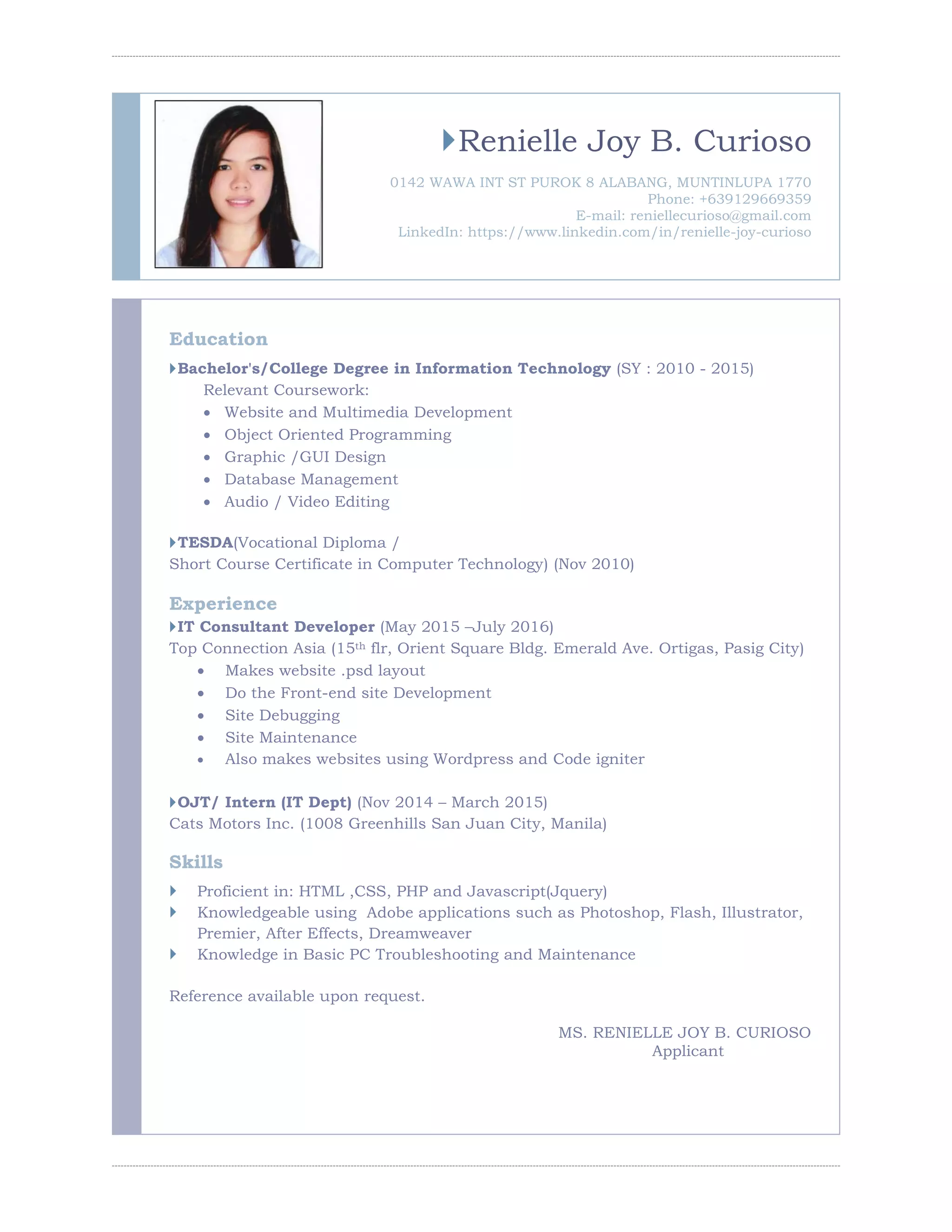 Renielle Joy B (resume 2016) | PDF