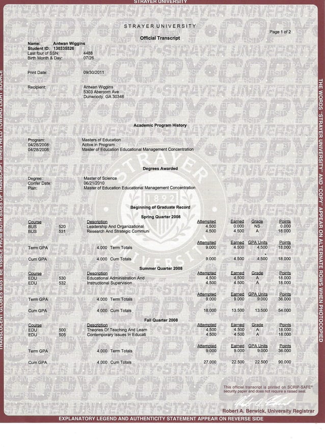 Strayer University Grad school transcript | PDF